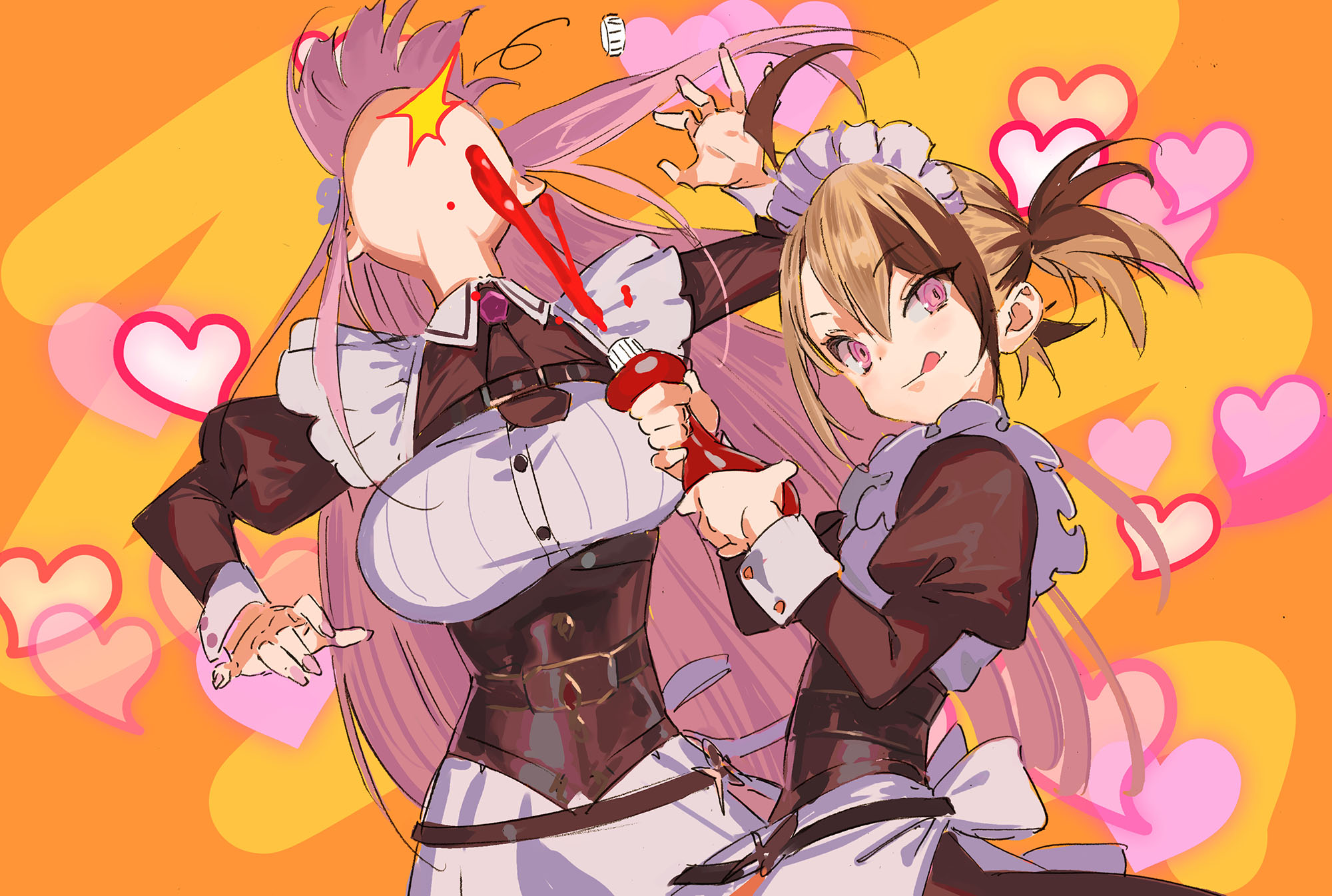 Safebooru - 2girls :d ahoge alternate costume black corset blonde hair breasts brown hair corset ...