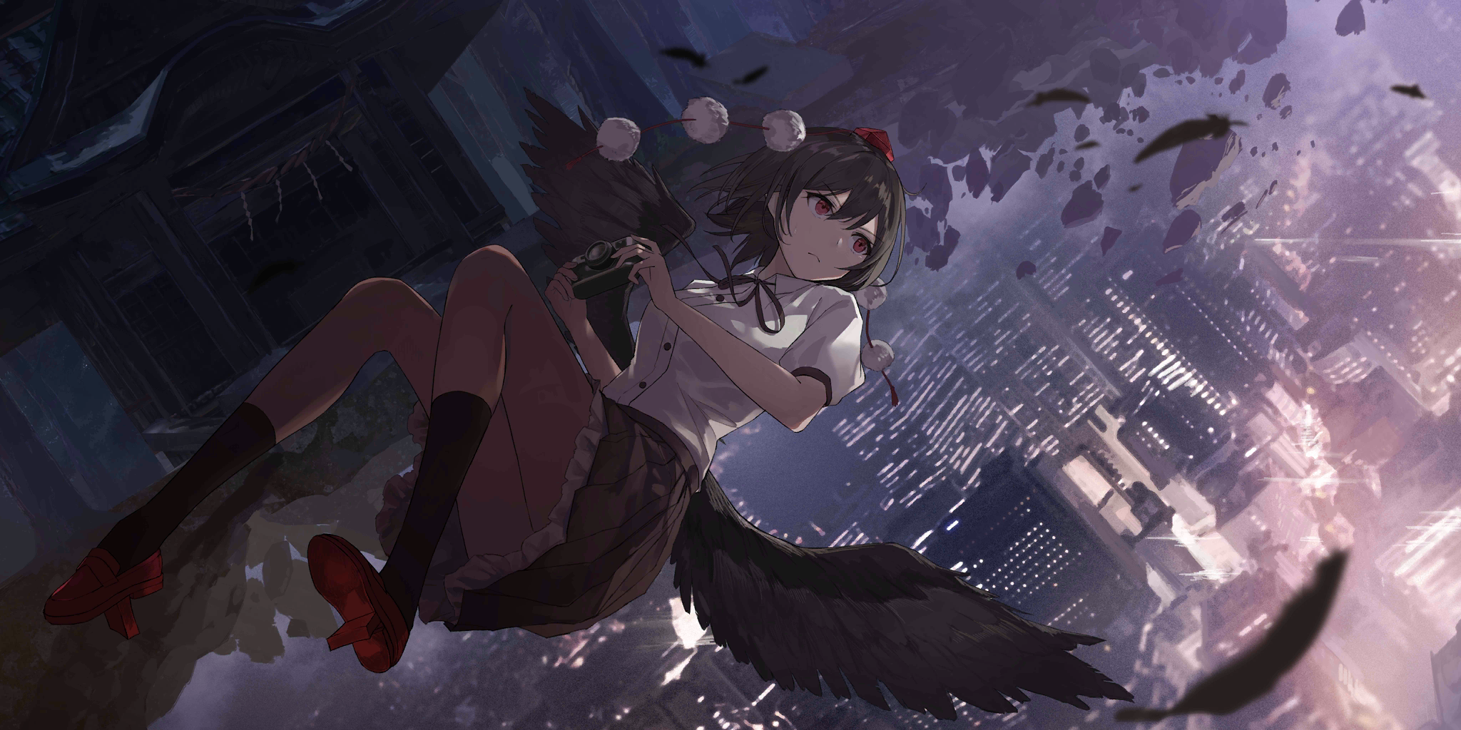 Safebooru - 1girl bird wings black ribbon black socks black wings blurry brown hair building ...