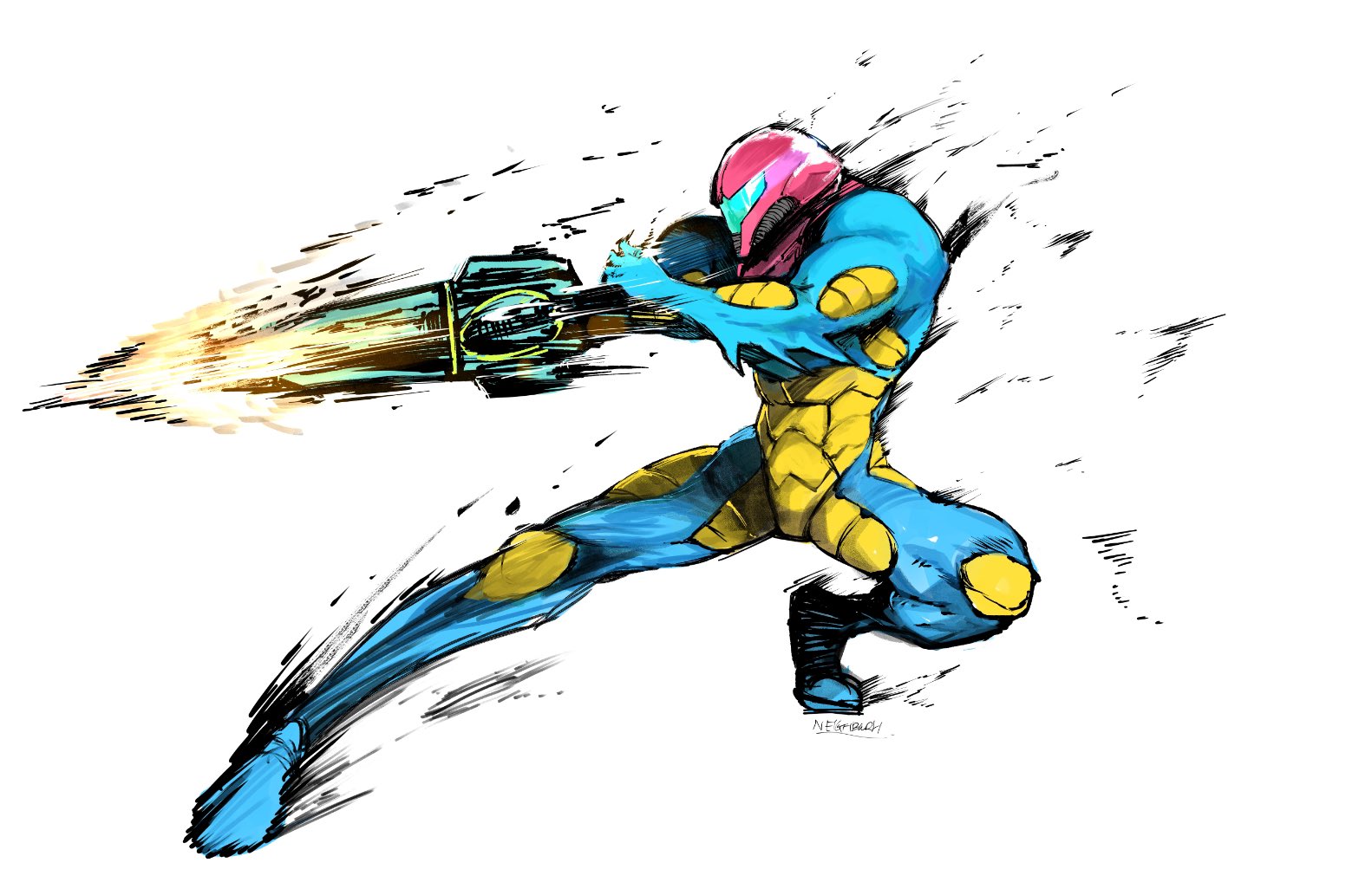 Safebooru - 1girl arm cannon artist name assault visor blue bodysuit bodysuit commentary dynamic ...