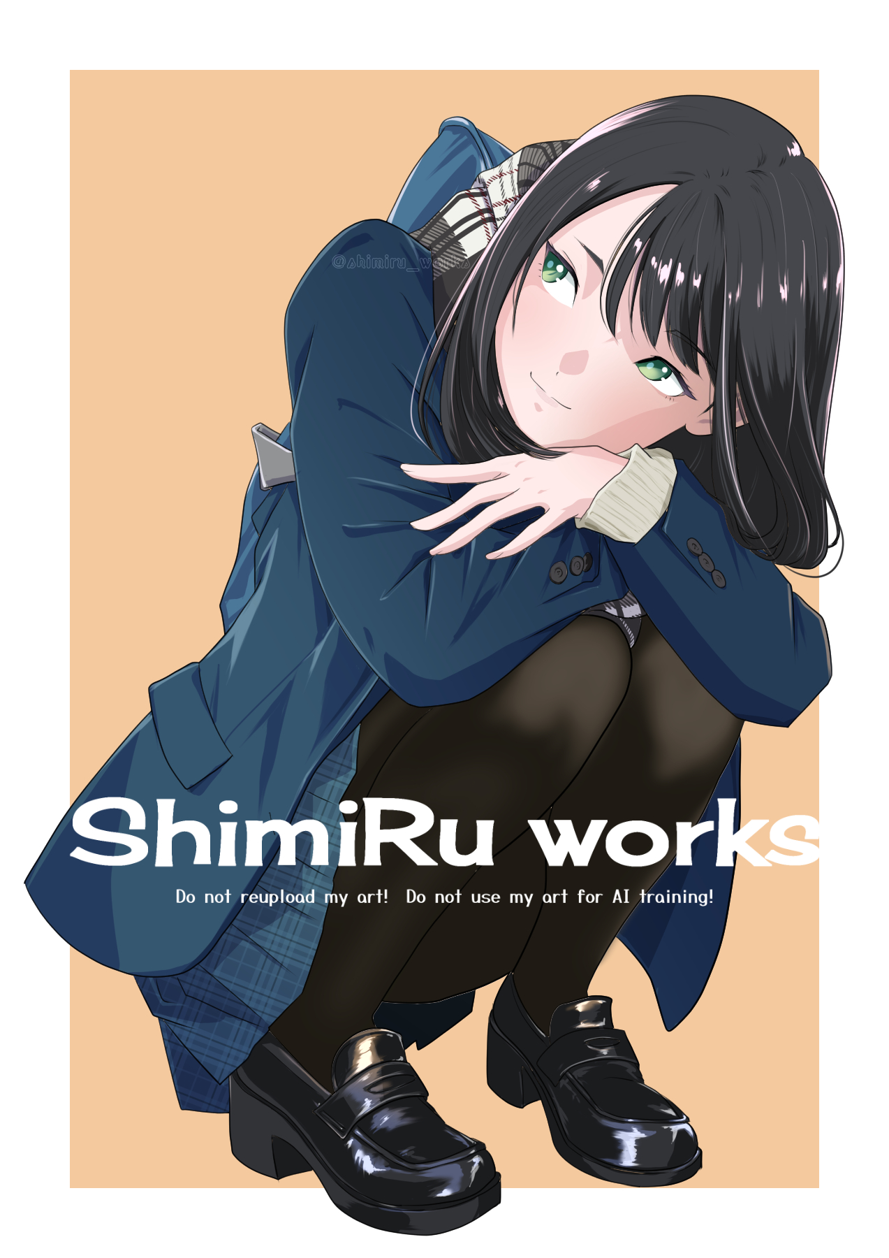 Safebooru - 1girl black hair black pantyhose black shoes blue jacket blue skirt border brown ...