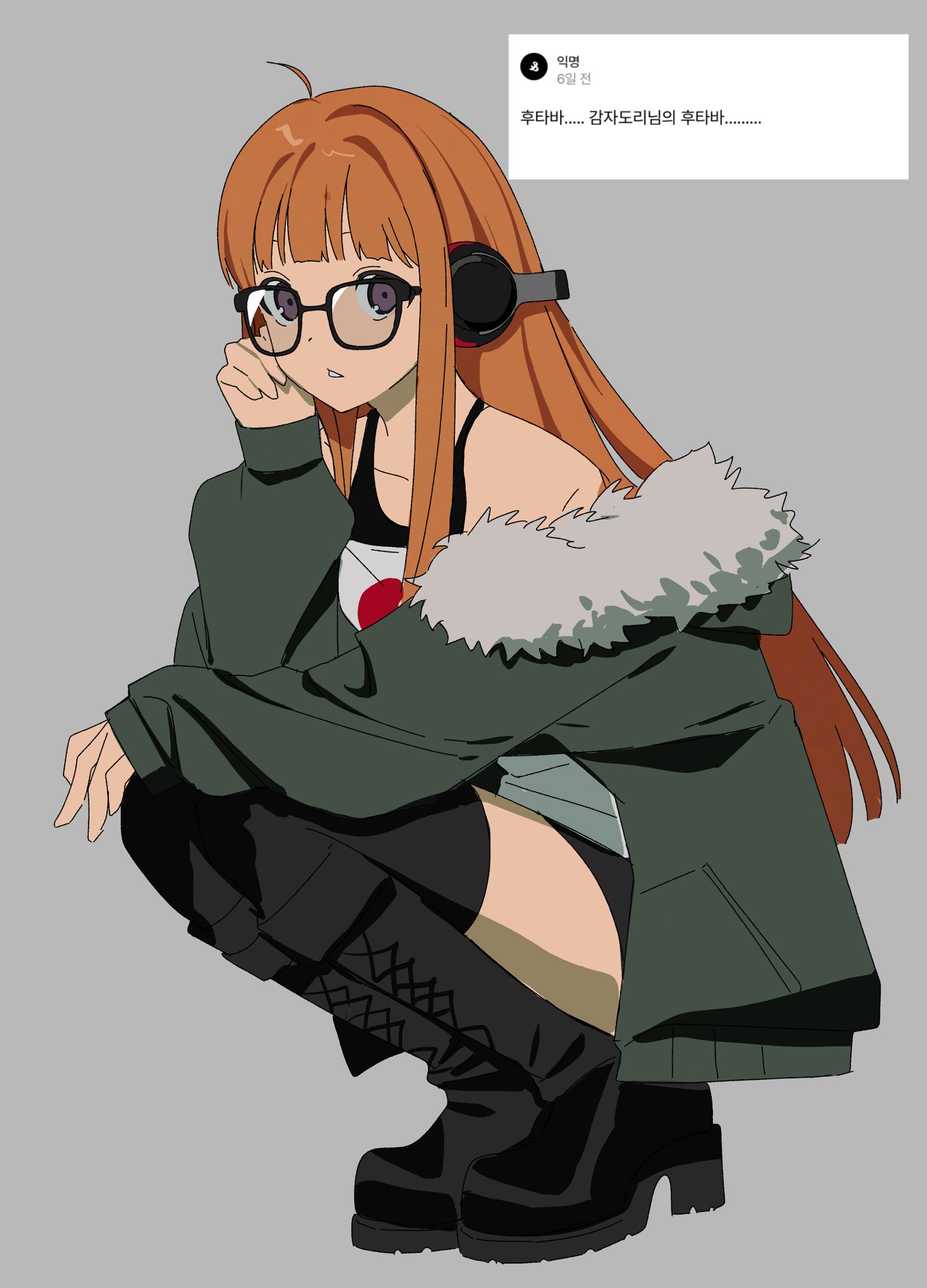 Safebooru - 1girl behind-the-head headphones black tank top coat emori71758 fur-trimmed jacket ...