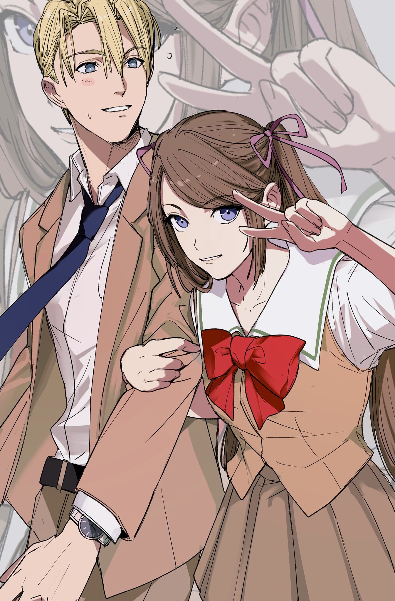 Safebooru - 1boy 1girl amikoiiko belt black belt blue eyes blue necktie brown jacket brown pants ...