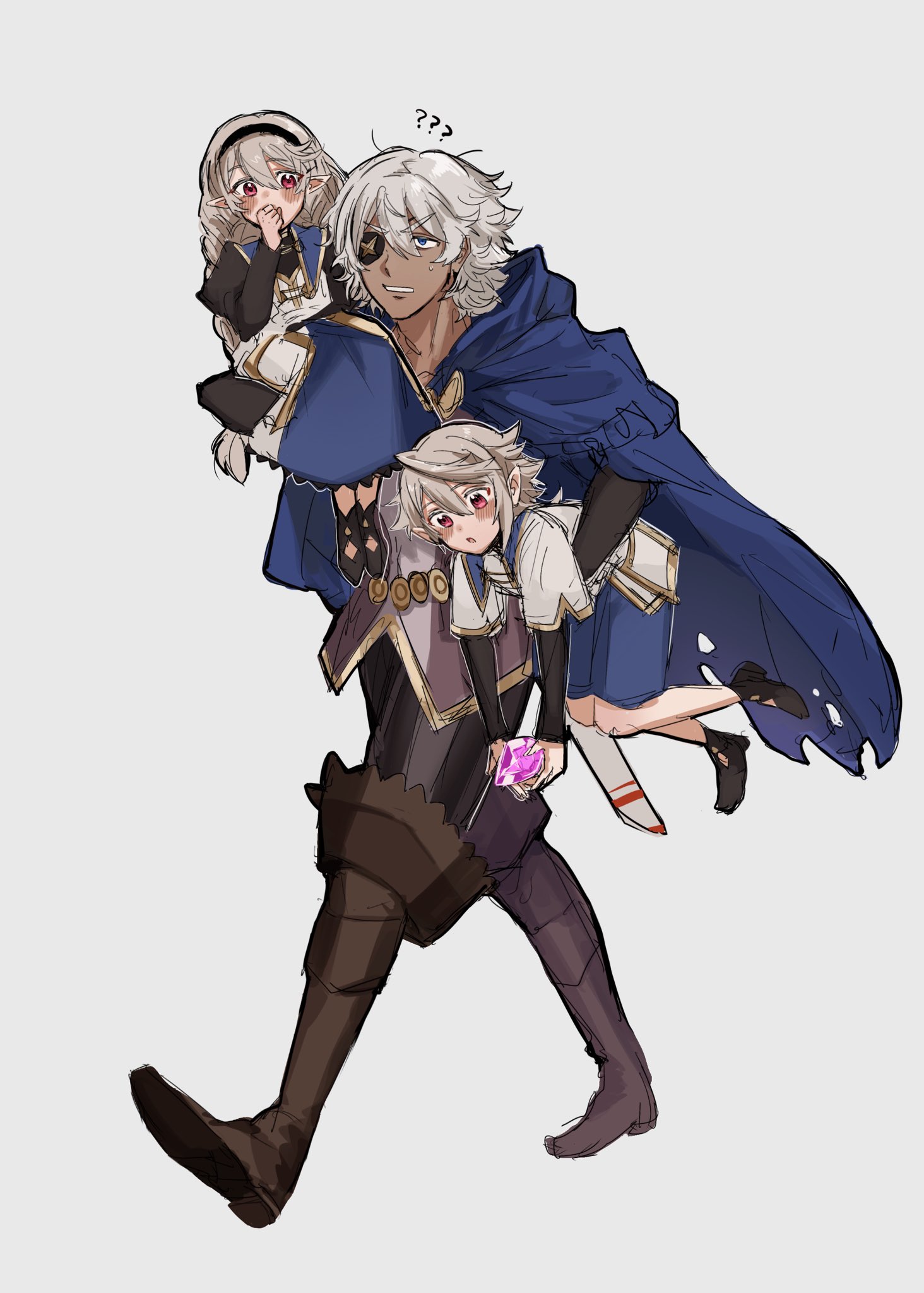 Safebooru - 1girl 2boys aged down black hairband blue hood braided ...