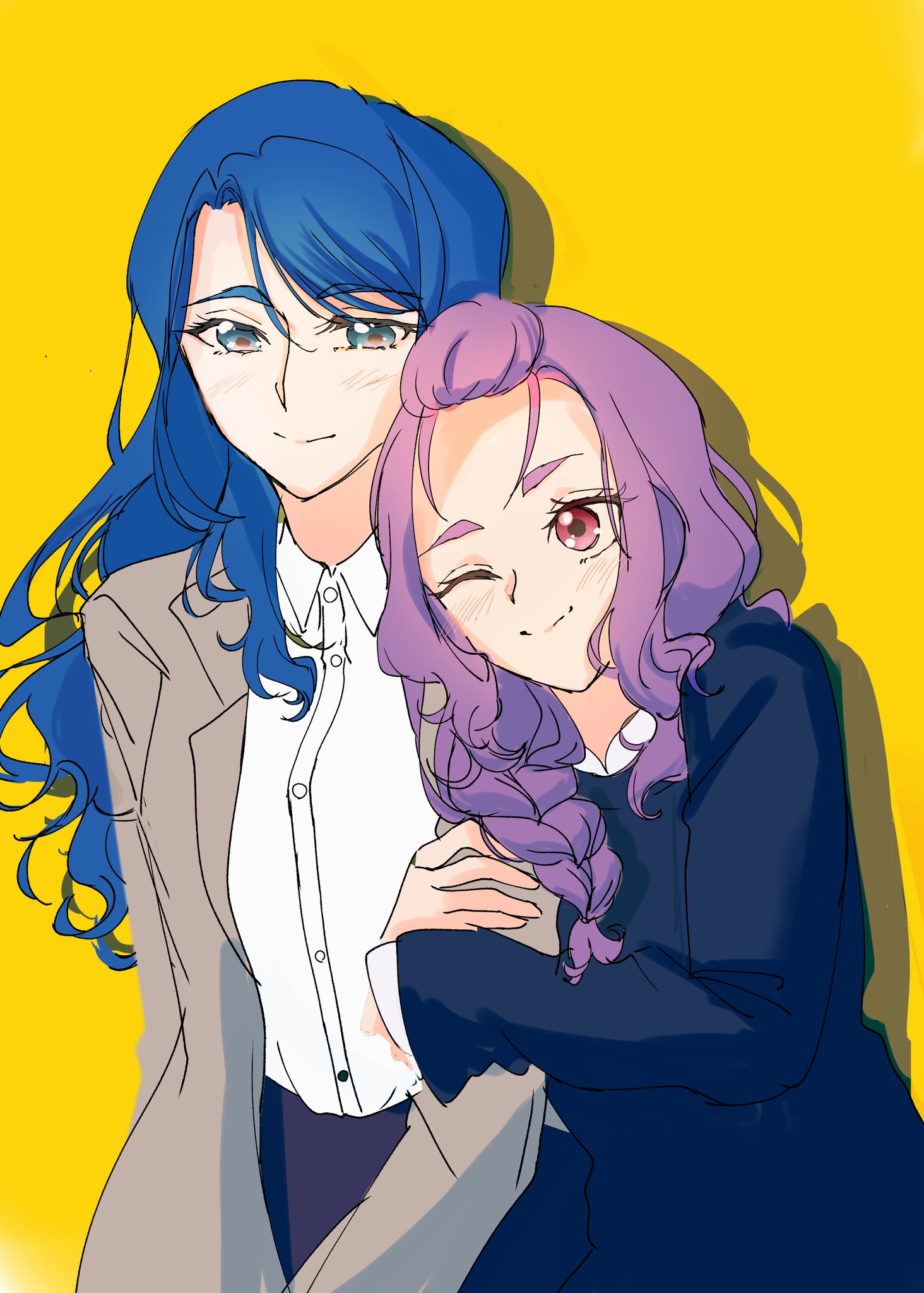 Safebooru - 2girls blue eyes blue hair braid brown jacket collared shirt cure343 55 highres ...