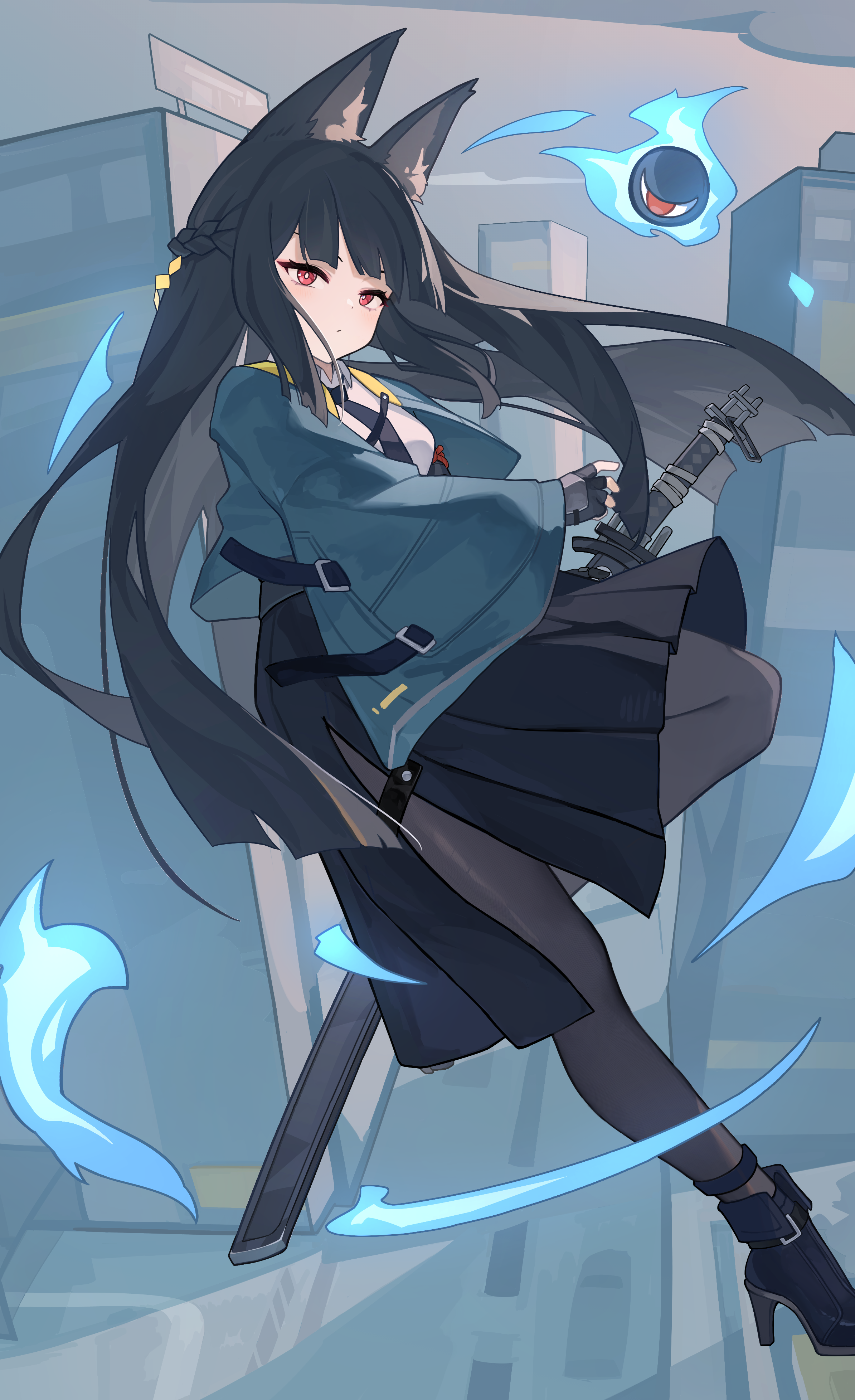 Safebooru - 1girl absurdres animal ears black hair black necktie black pantyhose blue jacket ...