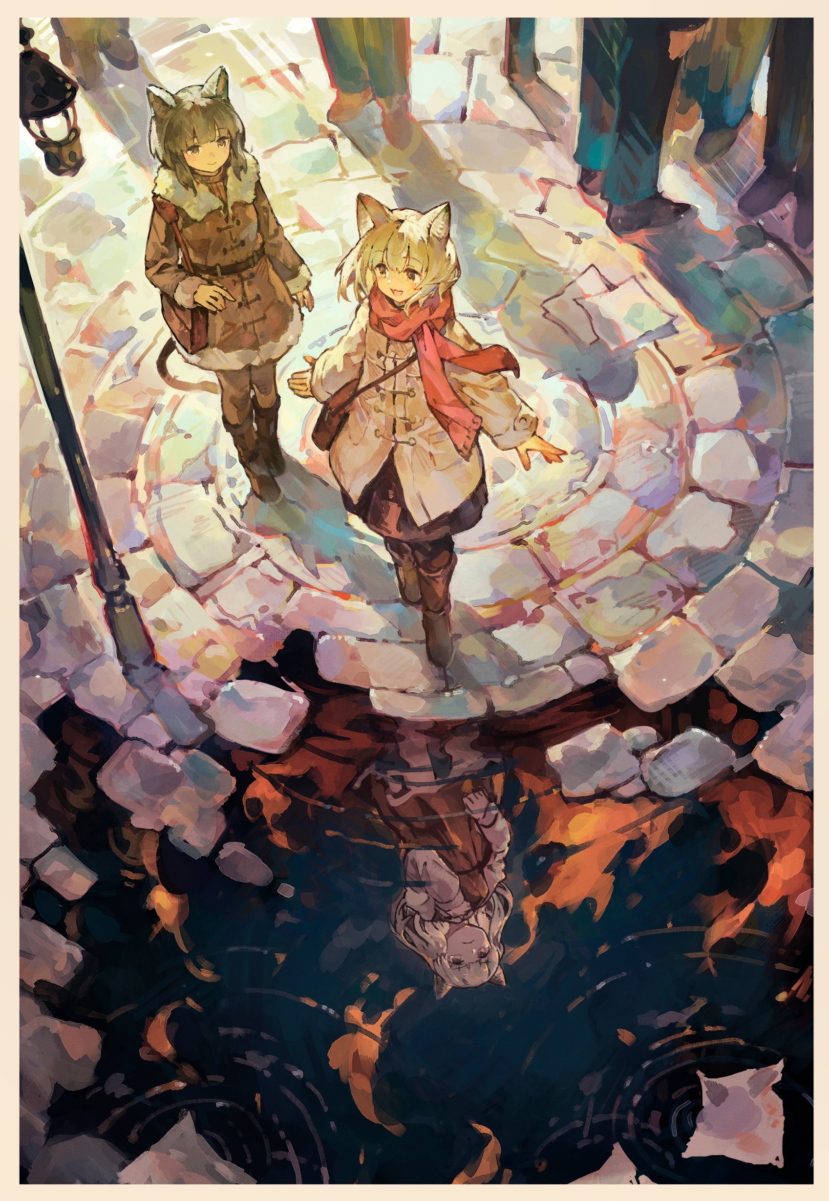 Safebooru - 2girls :d absurdres animal ears bag black pants black skirt border brown bag brown ...