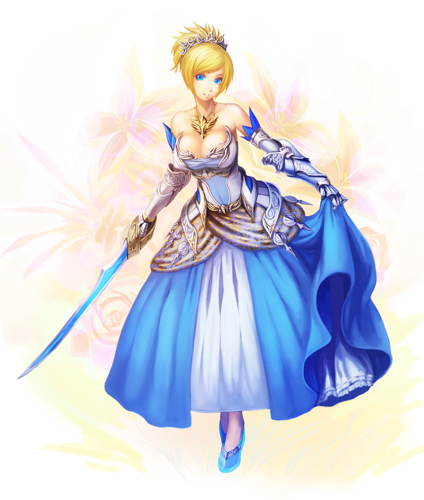Safebooru - 1girl armor armored dress bare shoulders blonde hair blue dress blue eyes blue shoes ...