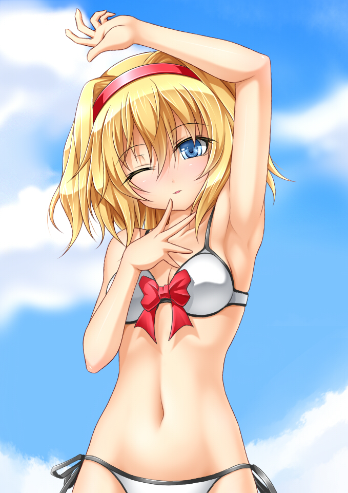 Safebooru - 1girl alice margatroid alternate costume arm up armpits bikini blonde hair blue eyes ...
