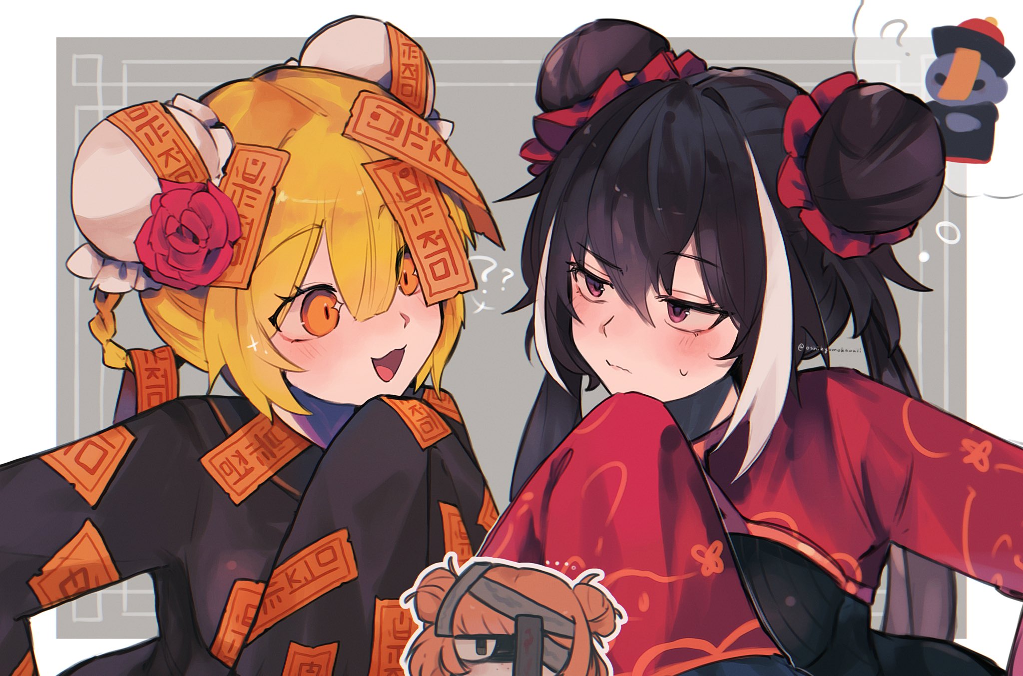Safebooru - 3girls :3 :d black hair blonde hair blush bun cover chibi ...