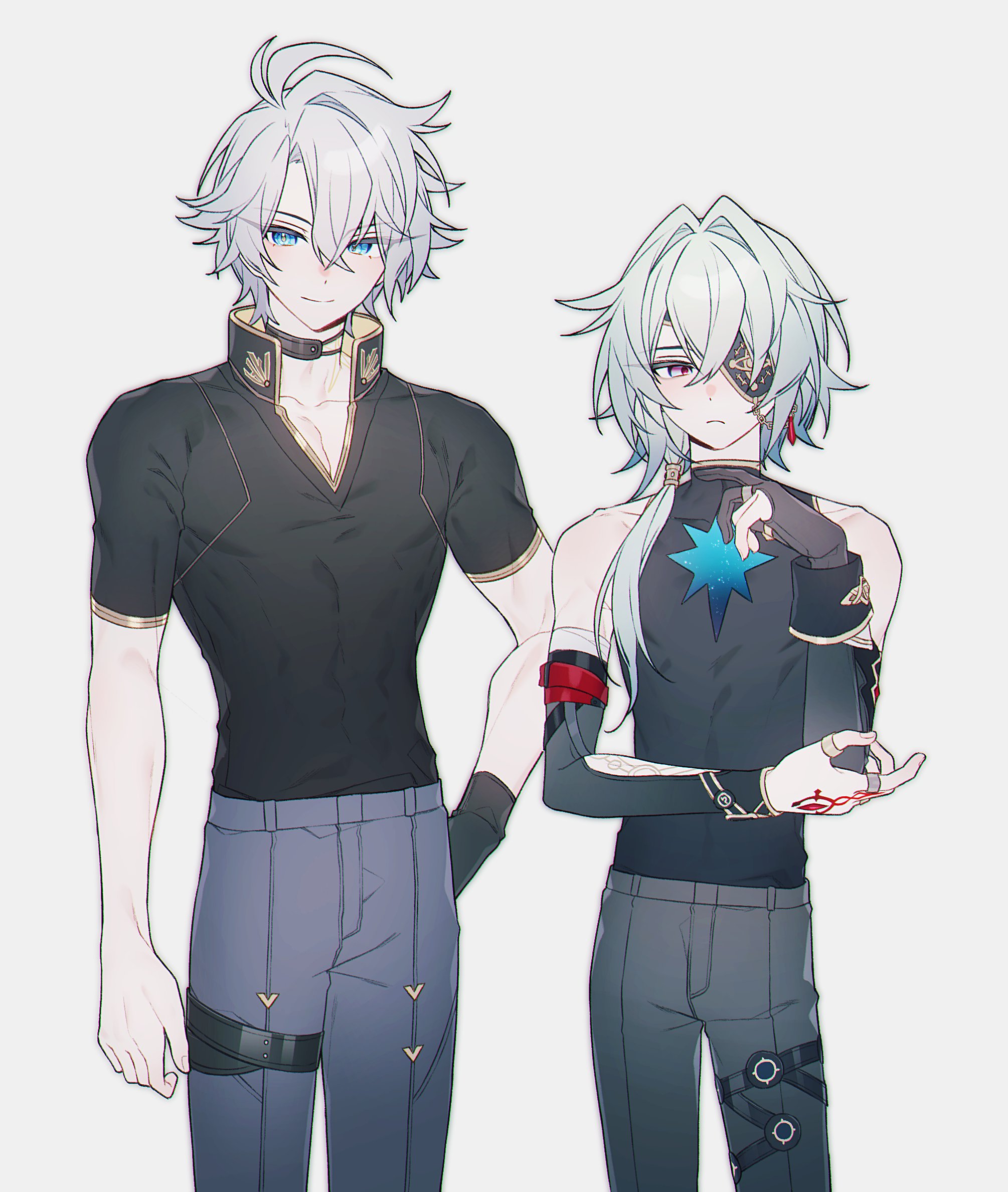 Safebooru - 2boys anaxa (honkai: star rail) aqua hair black shirt blue pants coojisan cowboy ...