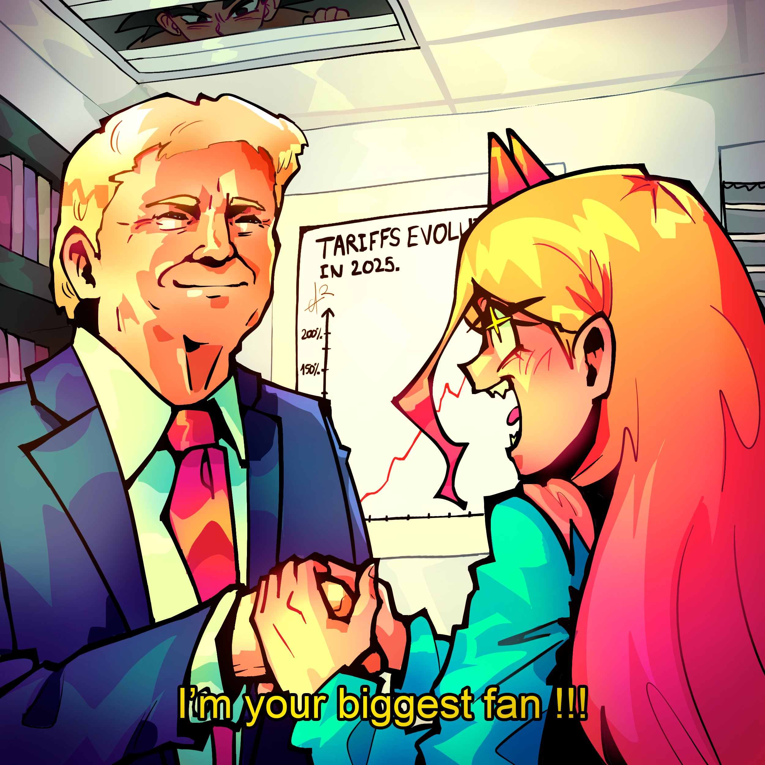 Safebooru - 1girl 2boys absurdres alpharecdyt blonde hair blue jacket bookshelf ceiling chainsaw ...