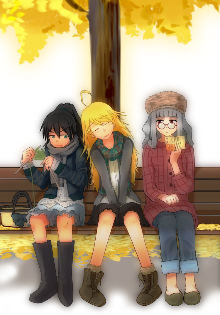 Safebooru - ahoge autumn bad id bench black hair blonde hair blue eyes book boots ganaha hibiki ...