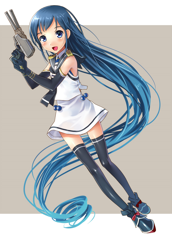 Safebooru - 1girl absurdly long hair black gloves black legwear blue eyes blue hair blush elbow ...