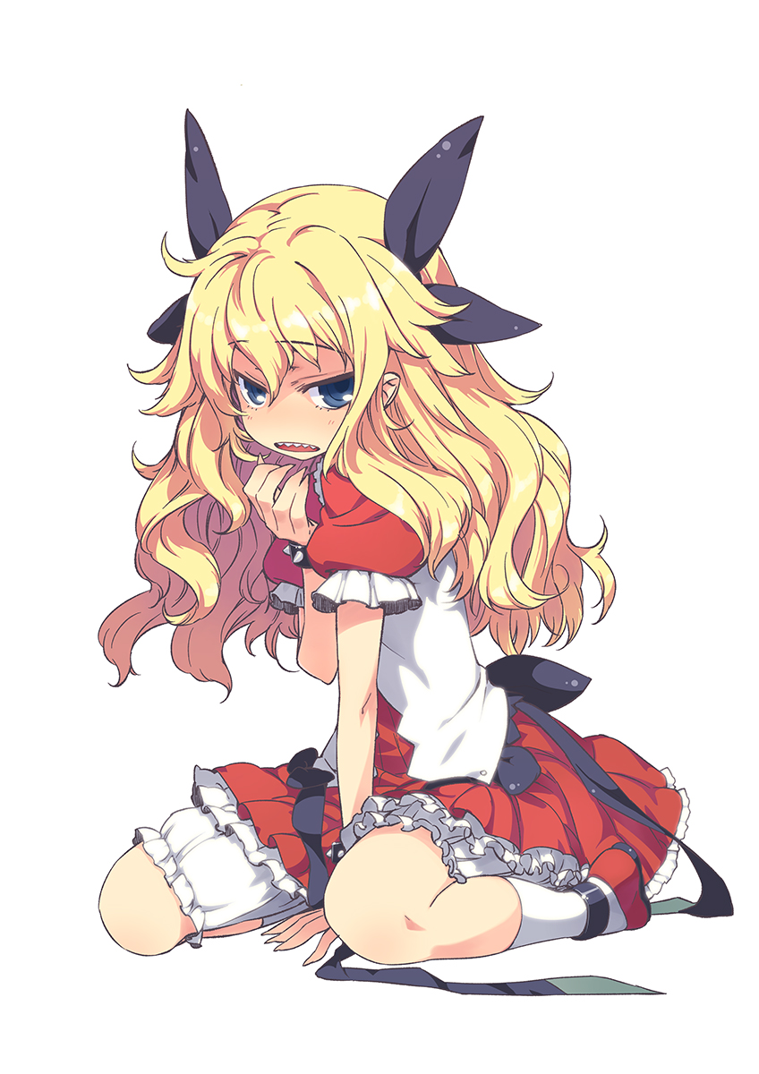 Safebooru - 1girl blonde hair bloomers blue eyes fangs hair ribbon ...