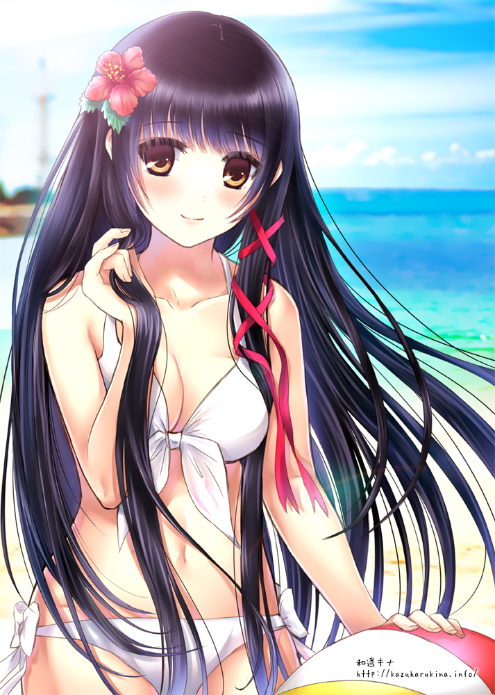 Safebooru - 1girl adjusting hair ball beachball bikini black hair blurry blush breasts cleavage ...