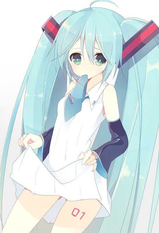 Safebooru - 1girl ahoge aqua hair detached sleeves dress dress lift green eyes hatsune miku long ...