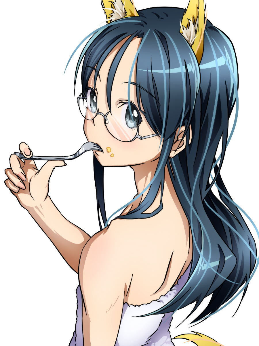 Safebooru - 1girl animal ears bare shoulders black hair blue eyes extra ears food food on face ...