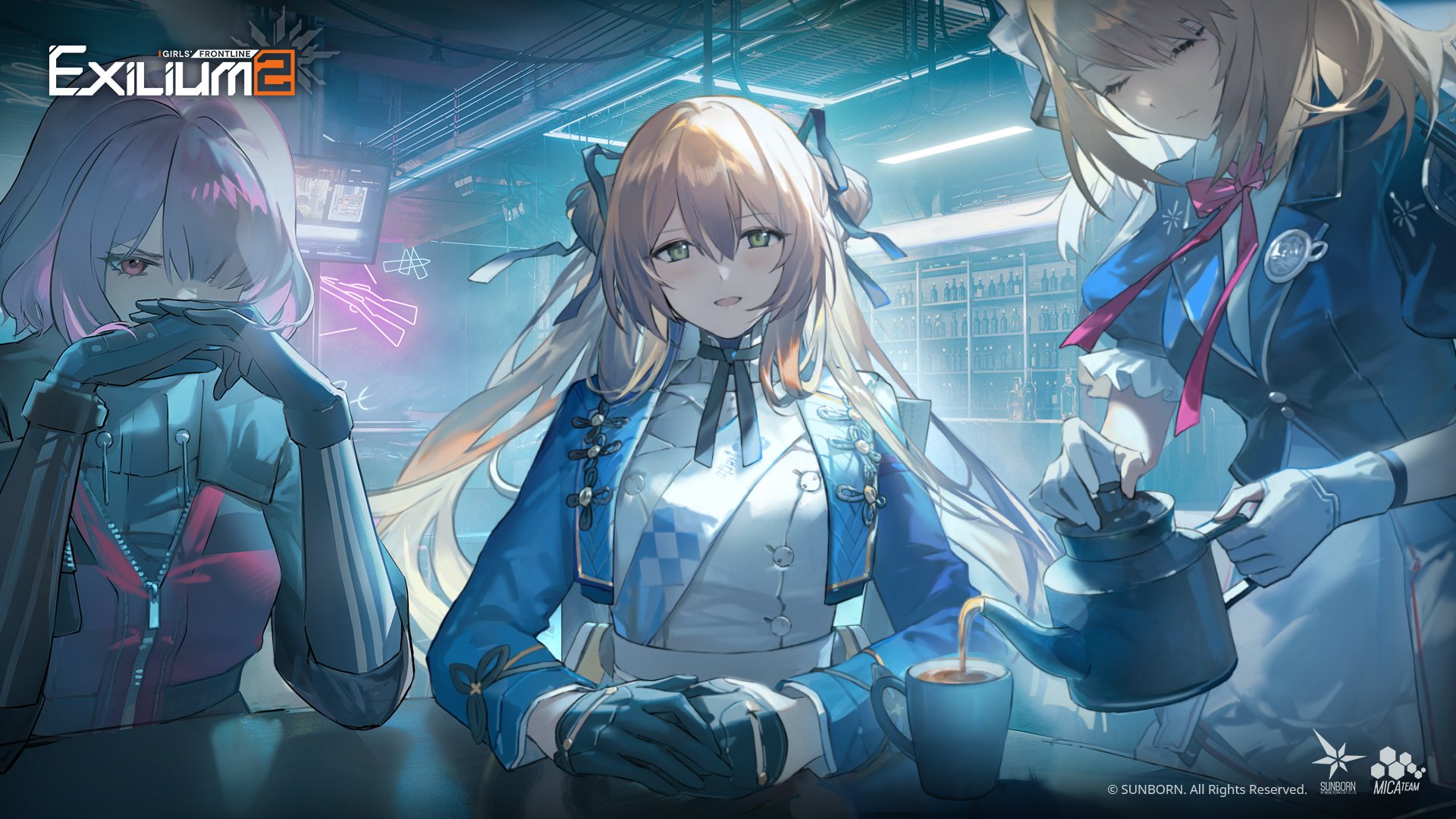 Safebooru - 3girls black gloves blue shirt brown eyes centaureissi ...