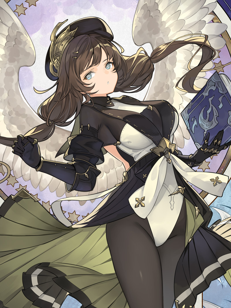 Safebooru - 1girl angel wings black gloves black hat blue eyes book breasts brown hair clothing ...