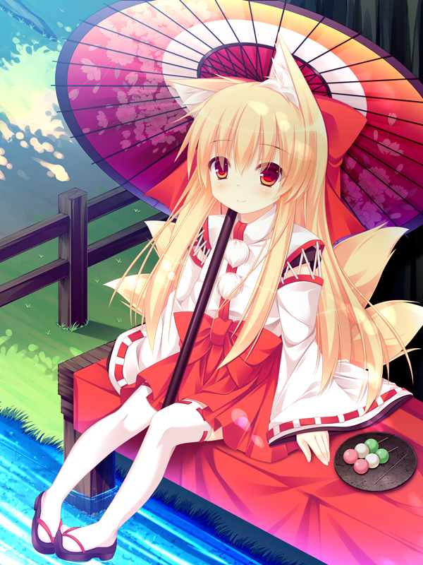 Safebooru - 1girl animal ears blonde hair fox ears fox tail japanese clothes long hair miko ...