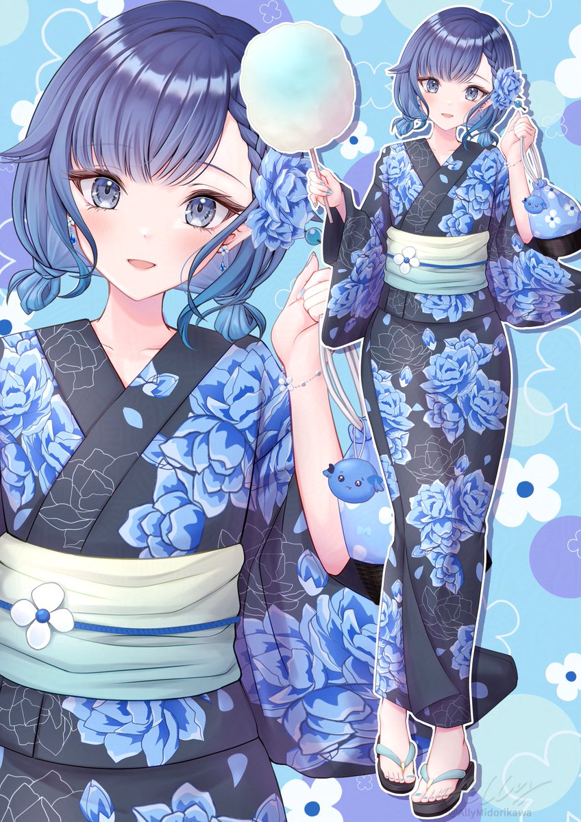 Safebooru - 1girl allymidorikawa black kimono blue eyes blue hair blush braid cotton candy ...