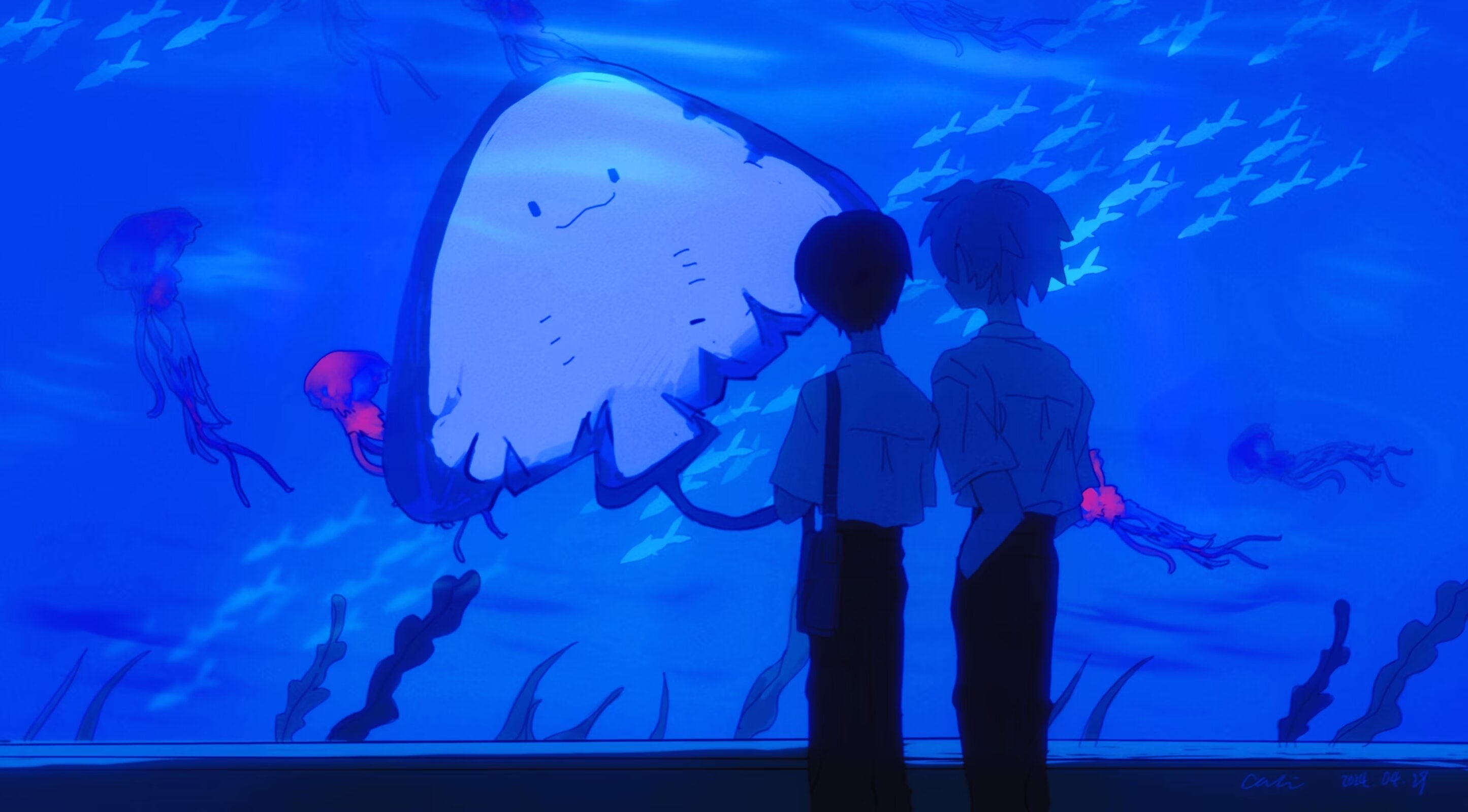Safebooru - 2boys aquarium bag black hair black pants blue theme ...