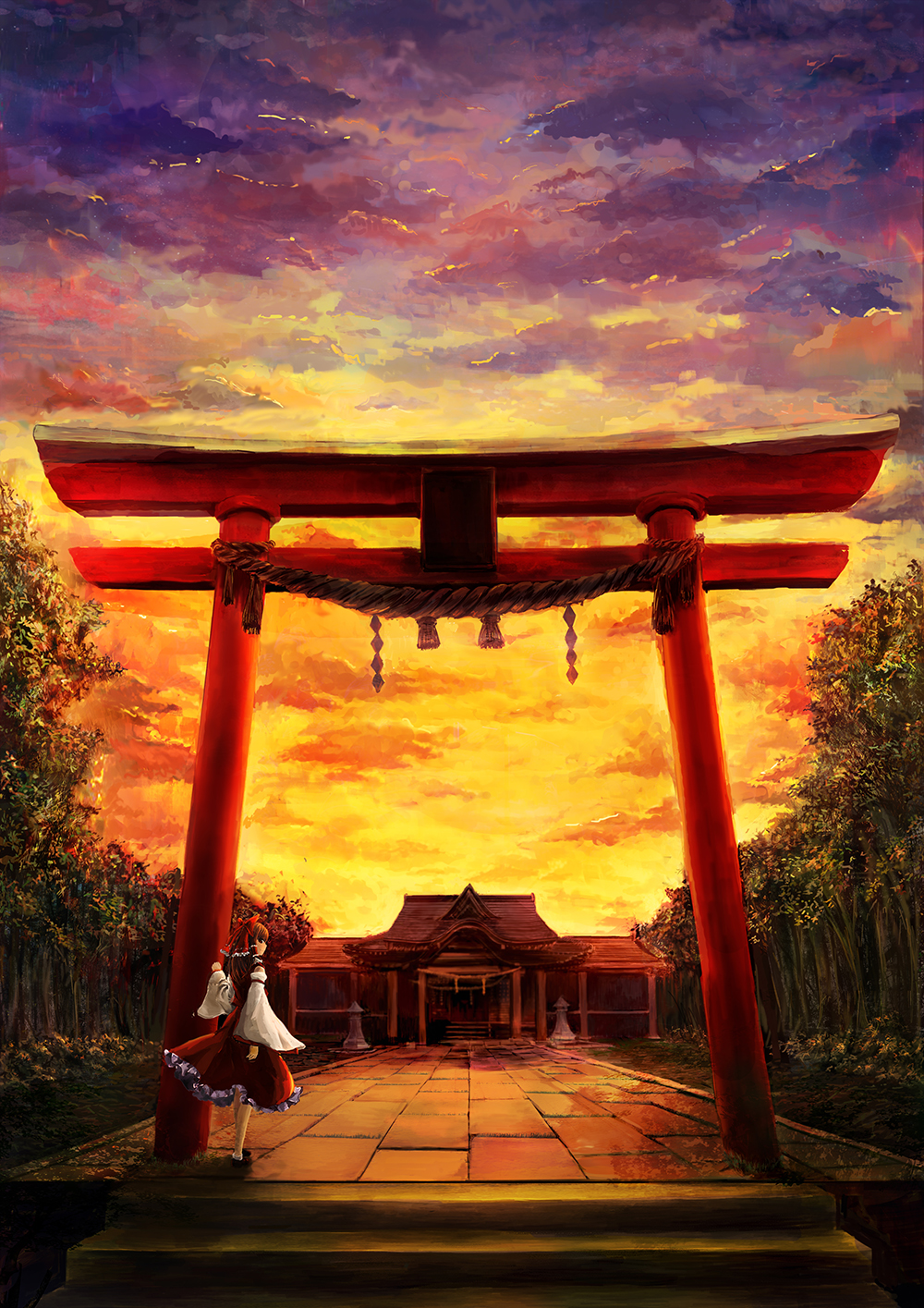 Safebooru - 1girl bow brown hair clouds detached sleeves forest hair ...