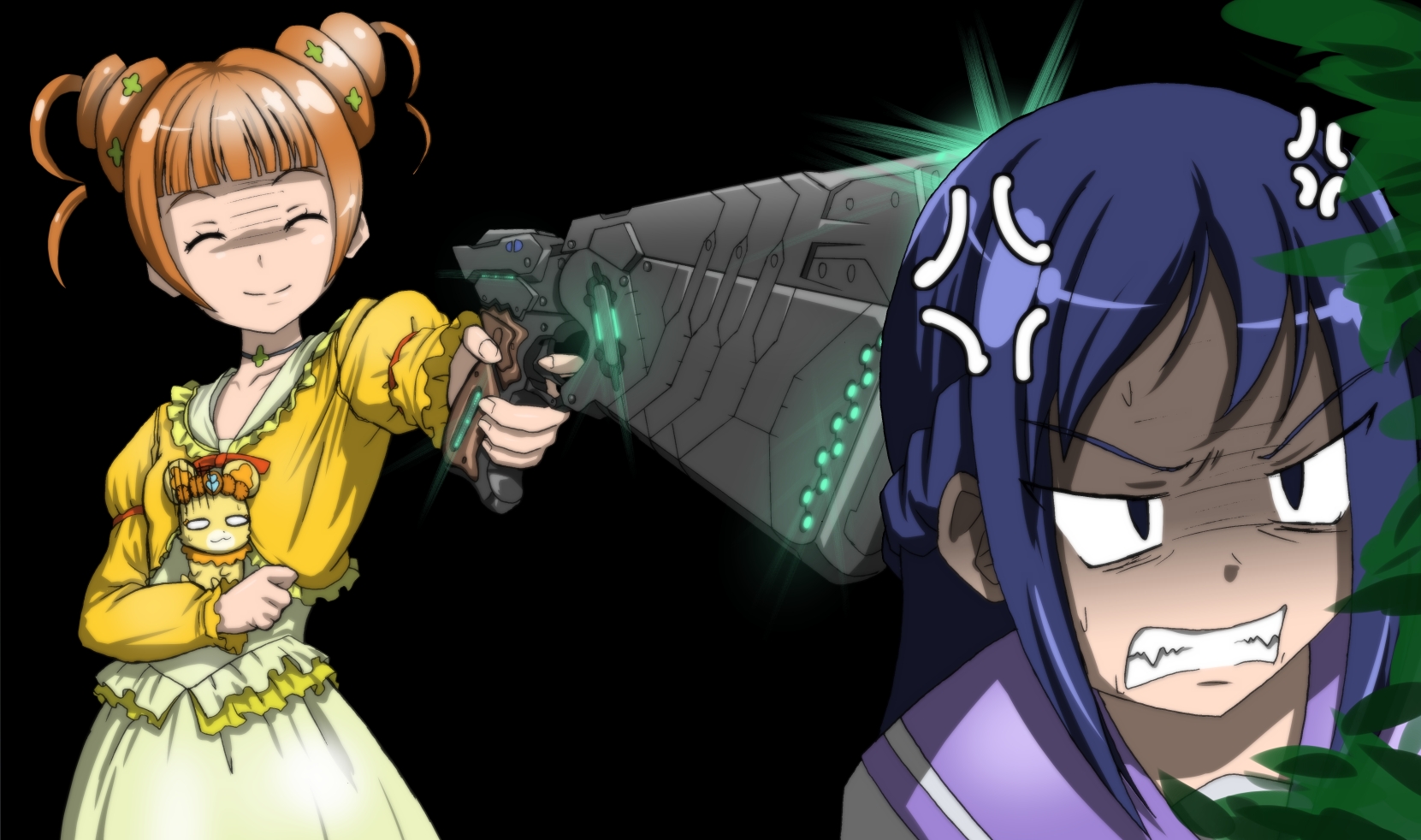 Safebooru - 2girls anger vein angry black background blue hair clenched ...
