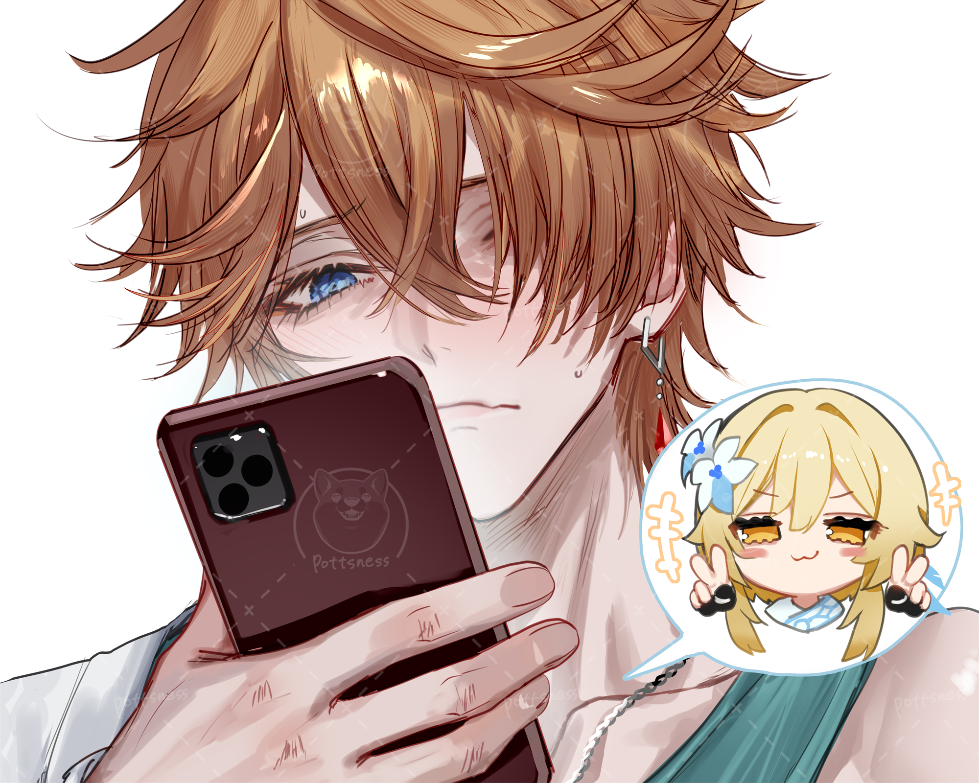 Safebooru - 1boy 1girl blonde hair blue eyes cellphone closed mouth double v earrings flower ...
