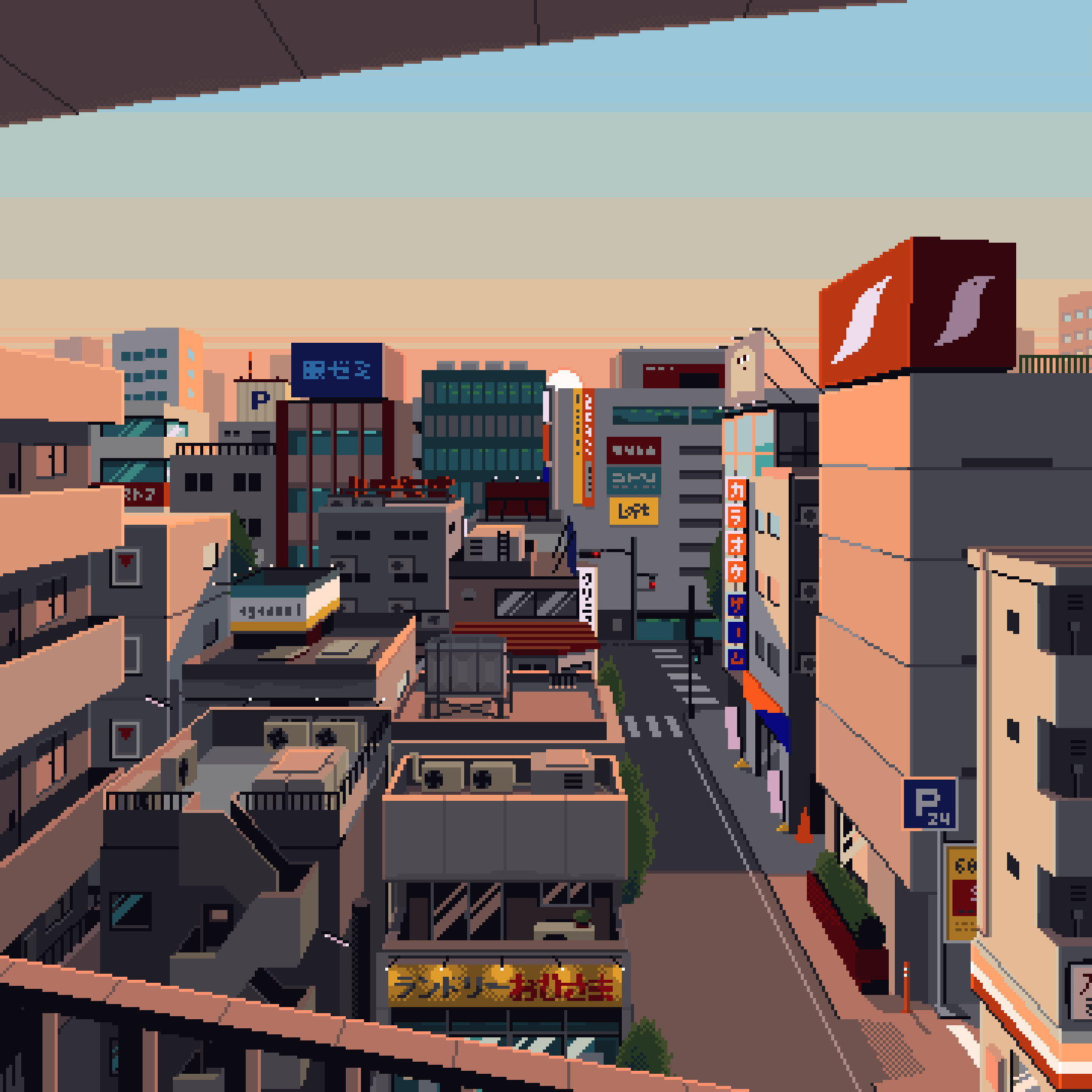 Safebooru - building city crosswalk evening gradient sky highres no ...