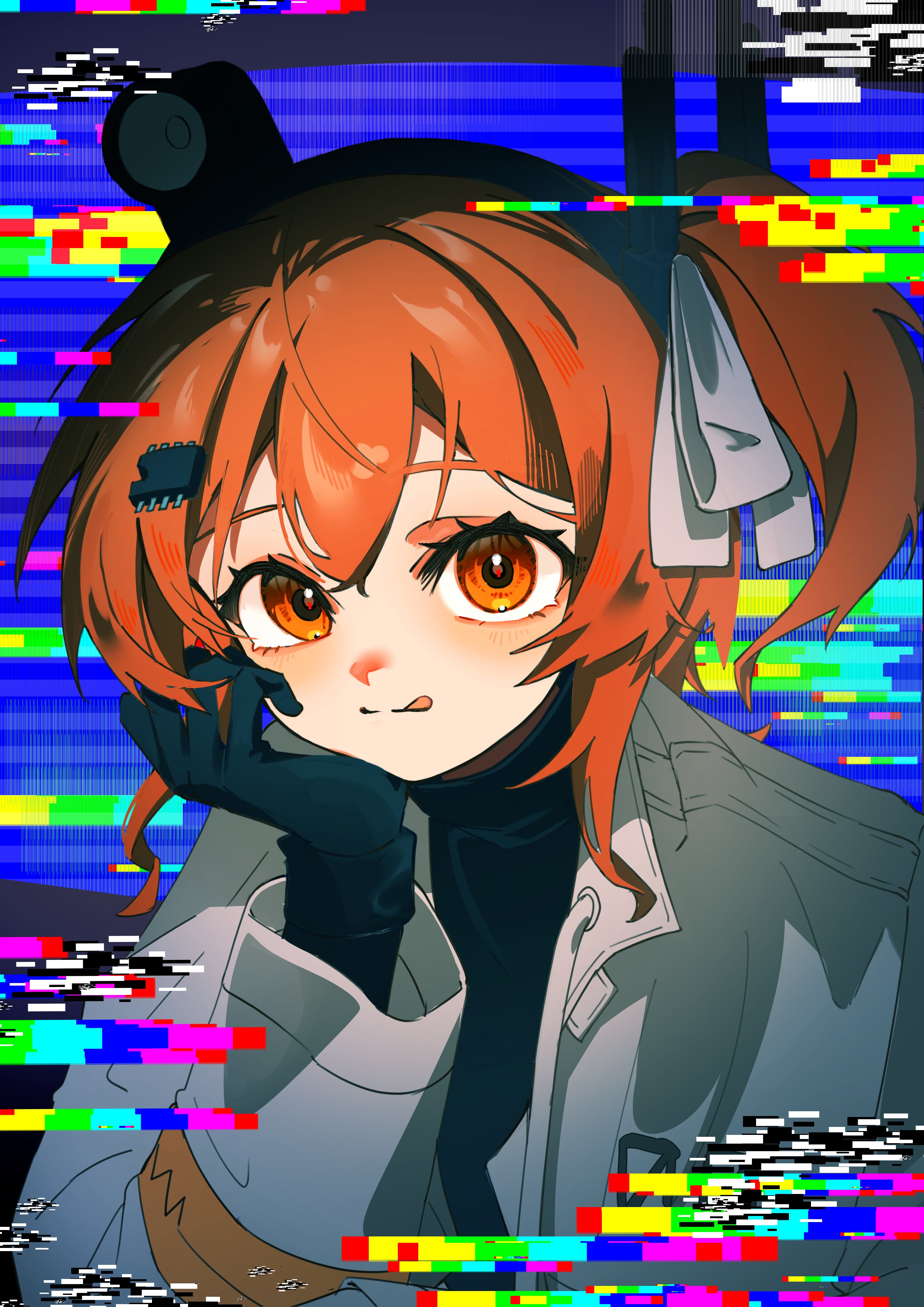Safebooru - 1girl a.i. voice absurdres adachi rei black gloves glitch gloves hand up head rest ...