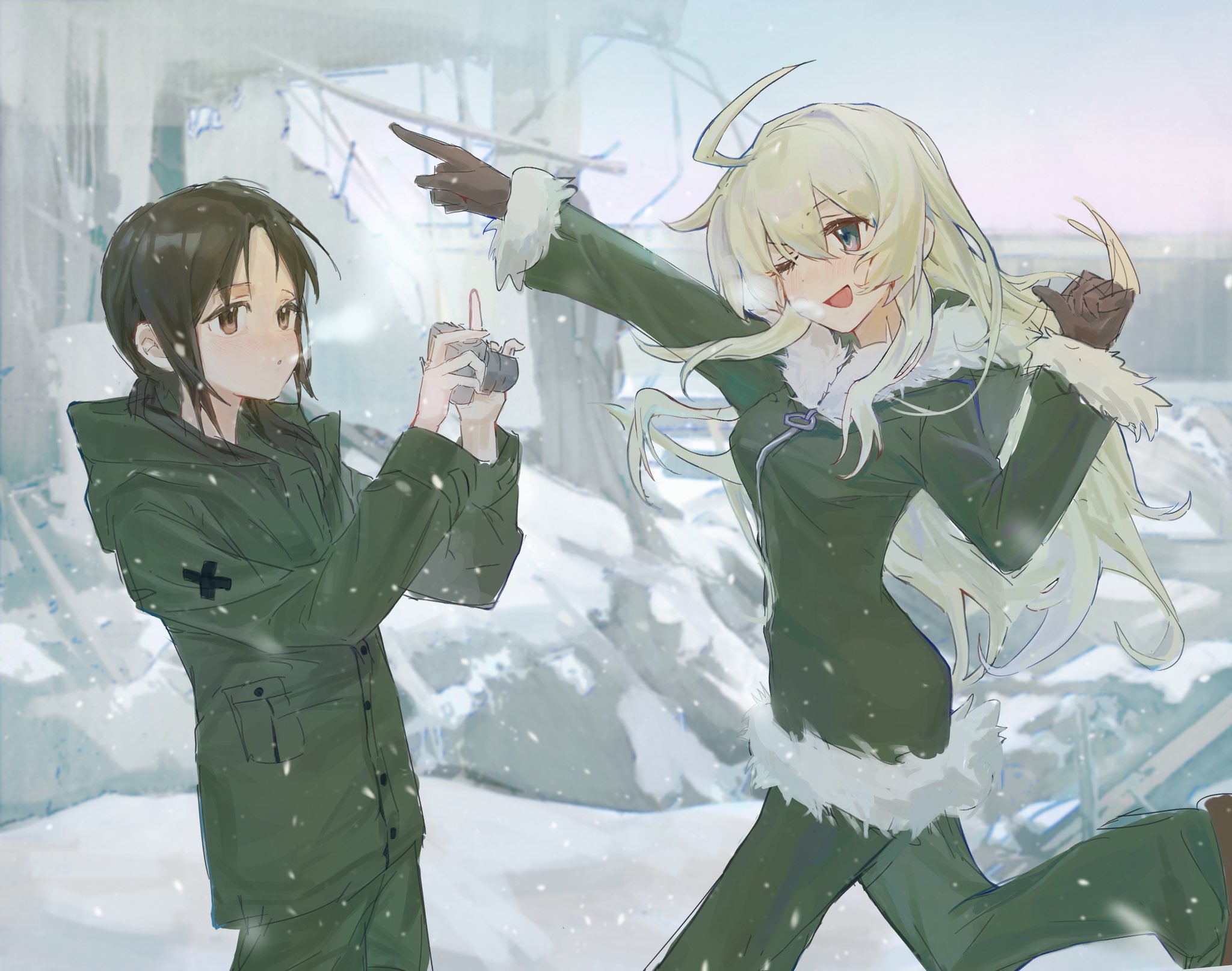 Safebooru - 2girls black hair blonde hair brown eyes brown gloves ...