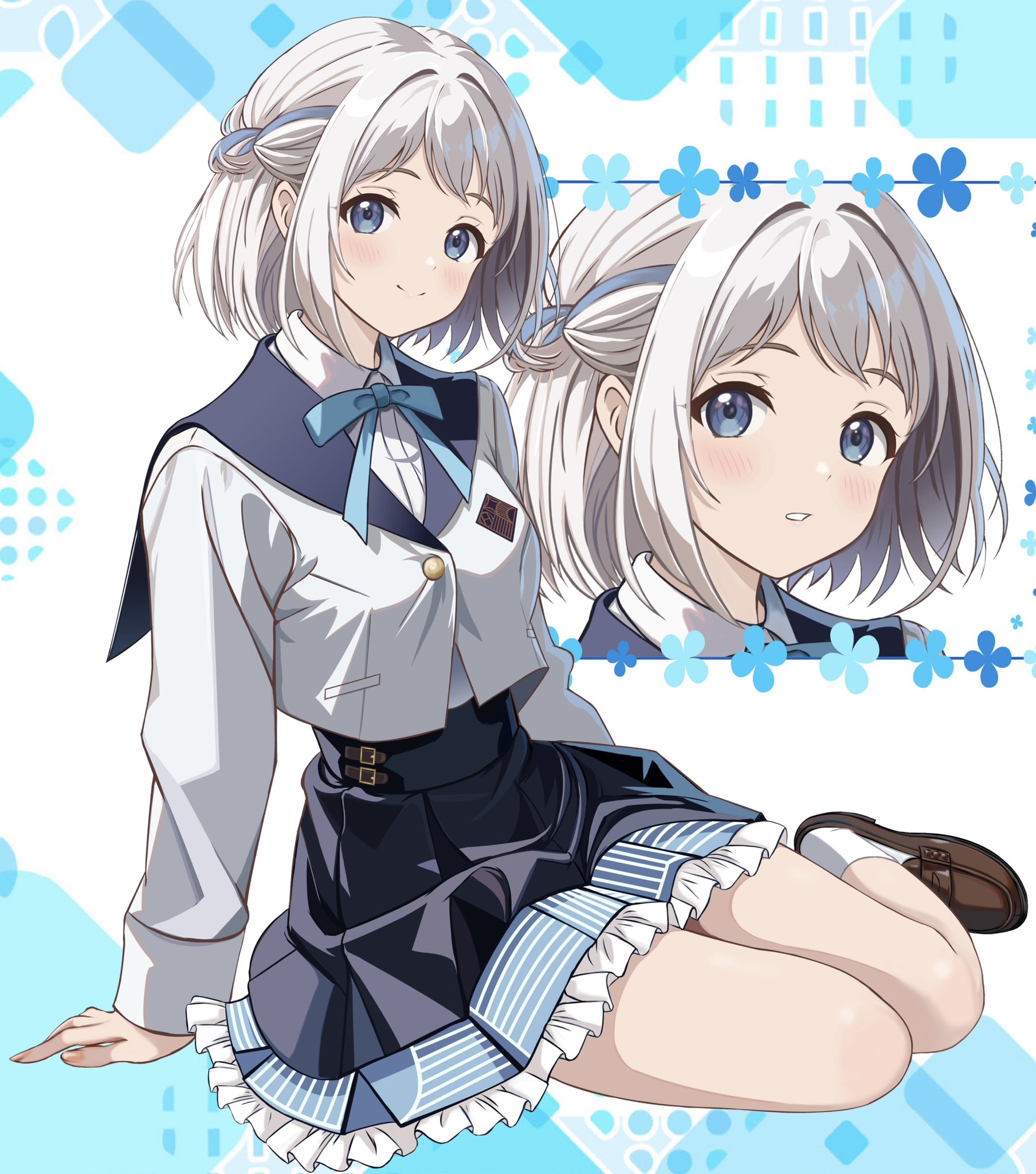 Safebooru - 1girl arm support blue background blue eyes blue ribbon blue skirt blush braid close ...