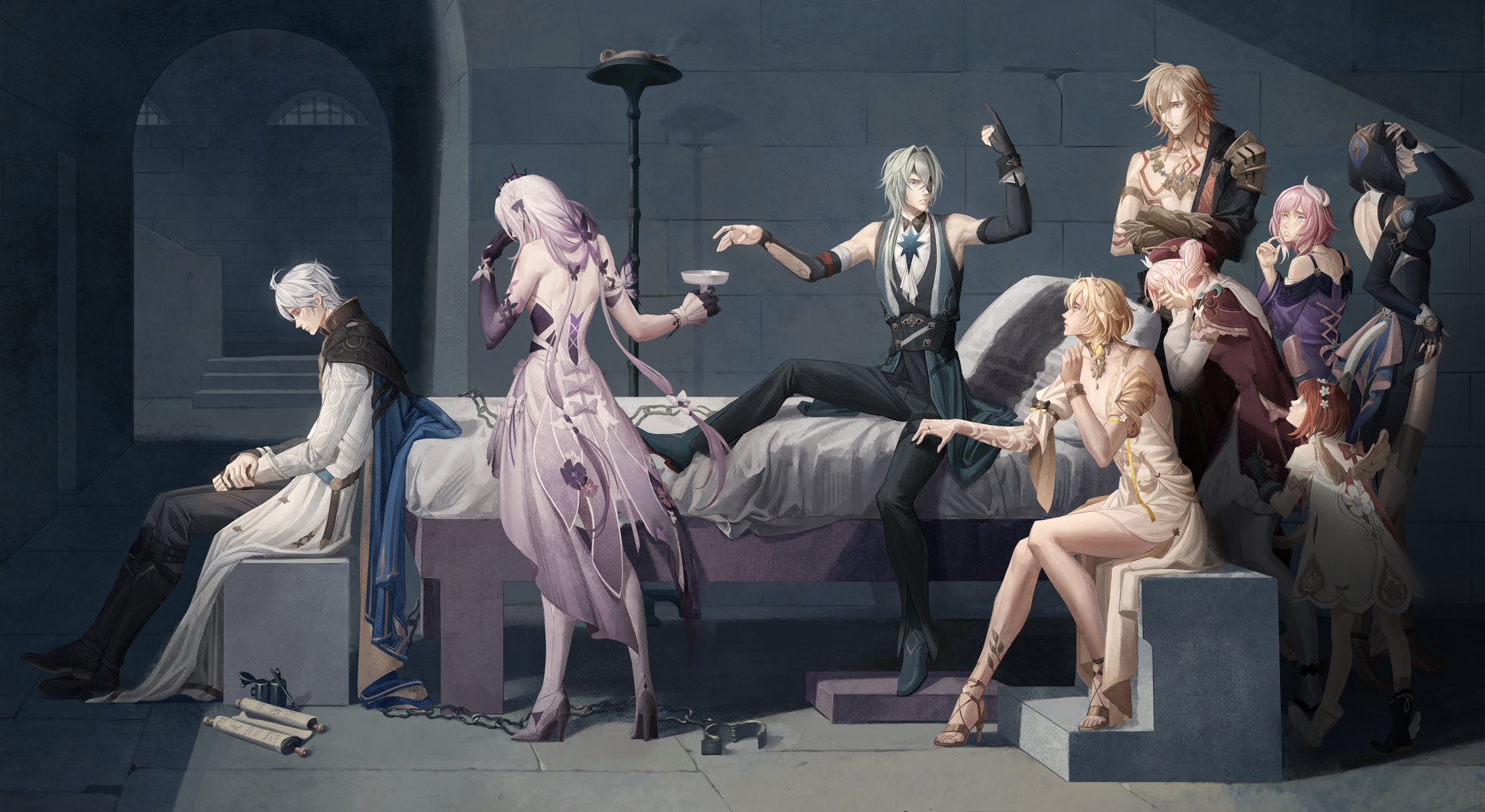 Safebooru - 3boys 6+girls aglaea (honkai: star rail) anaxa (honkai: star rail) angel wings ...