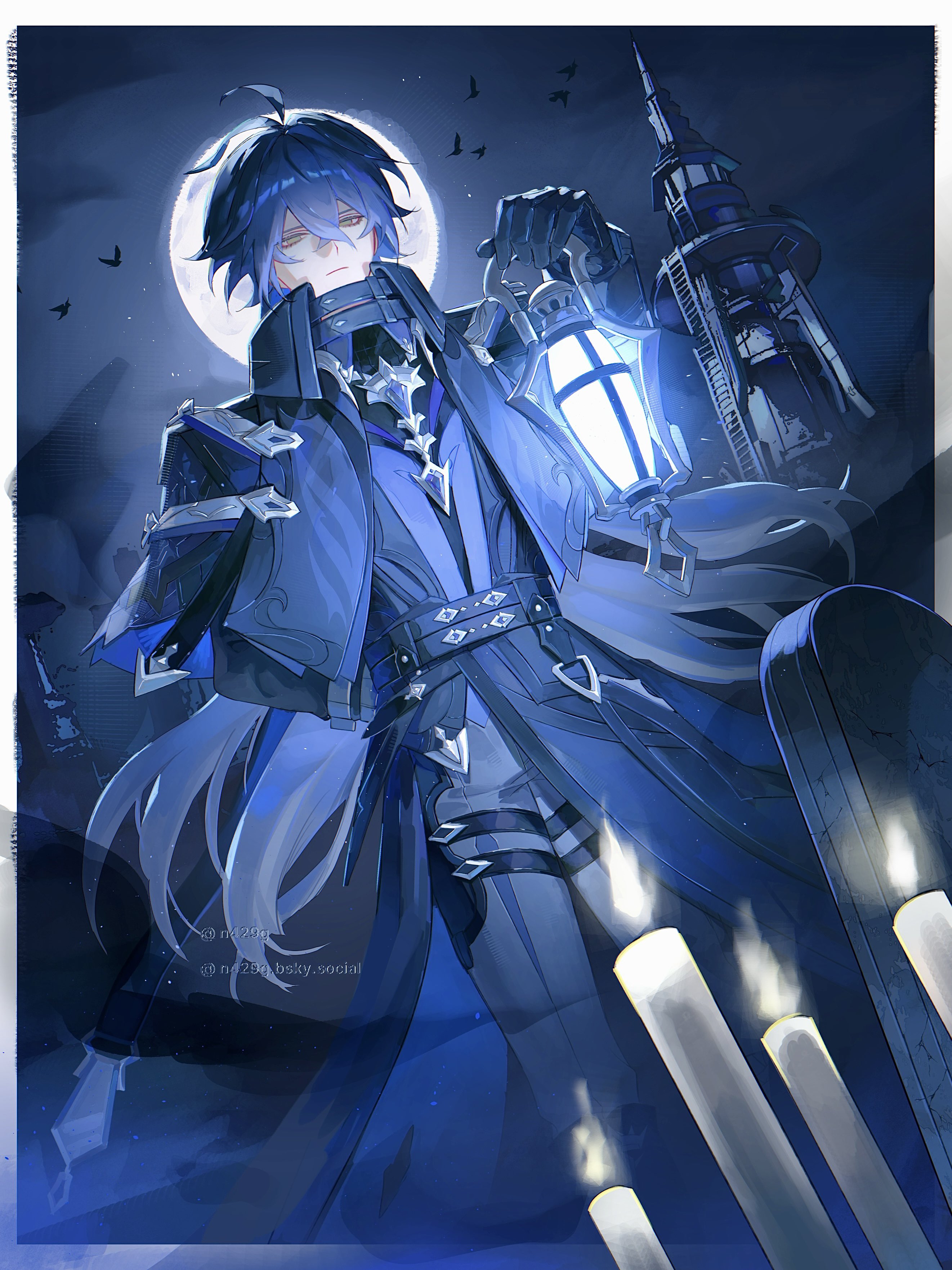 Safebooru - 1boy absurdres antenna hair arm behind back artist name belt buckle bird black ...