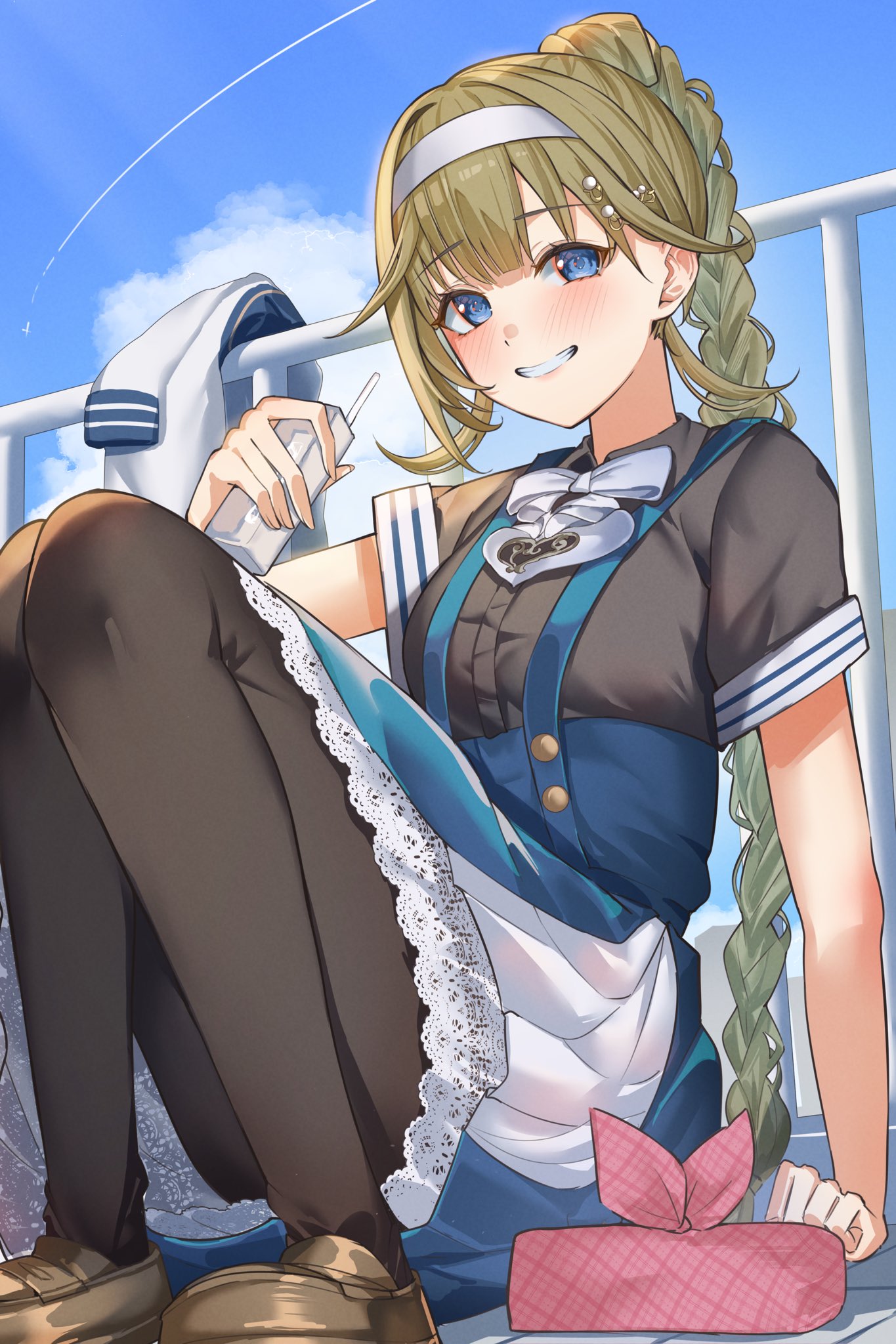 Safebooru - 1girl black pantyhose black shirt blue sky braid brown shoes clenched teeth clouds ...