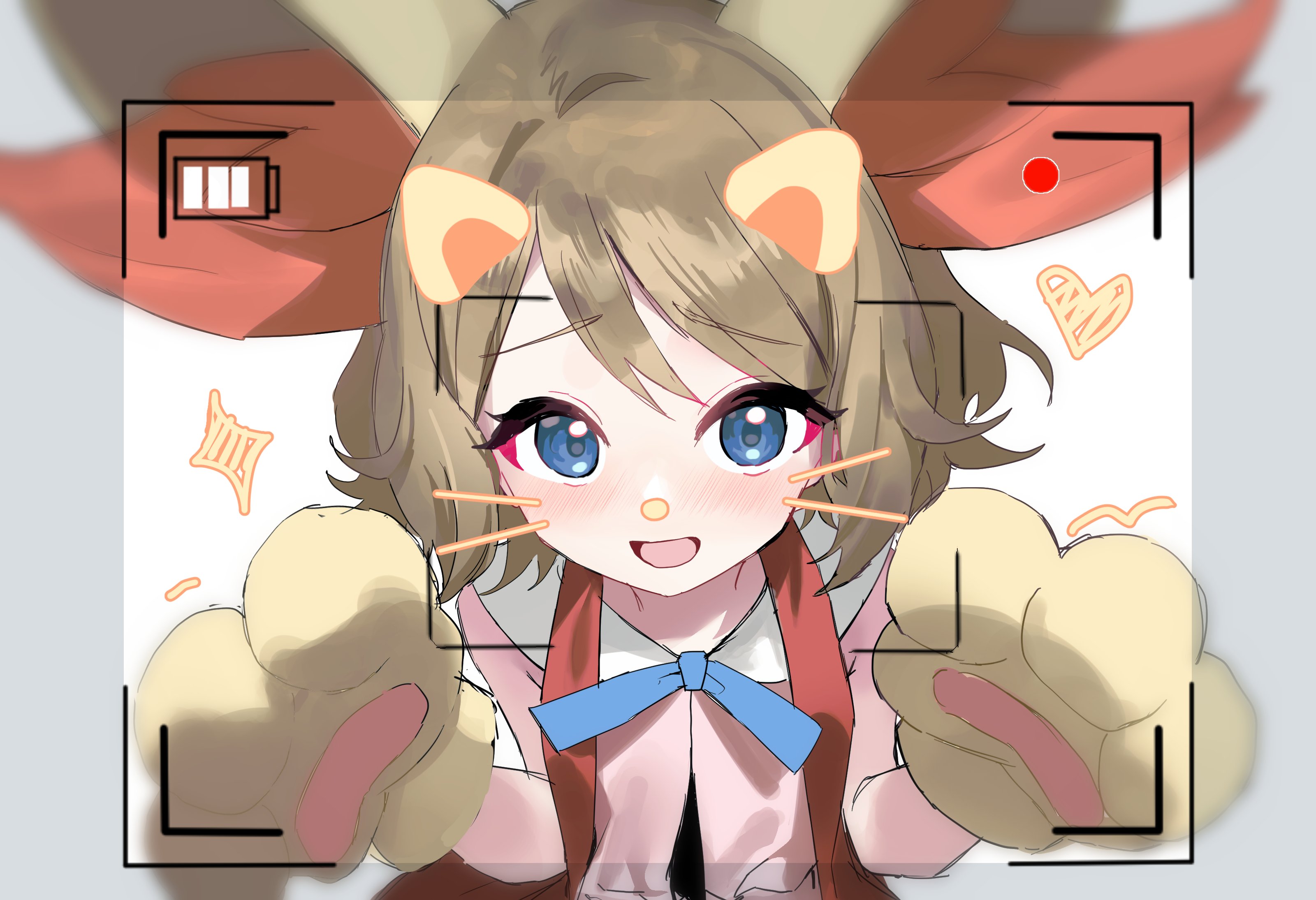 Safebooru - 1girl :d absurdres animal ears animal hands blue eyes blue ribbon brown hair ...