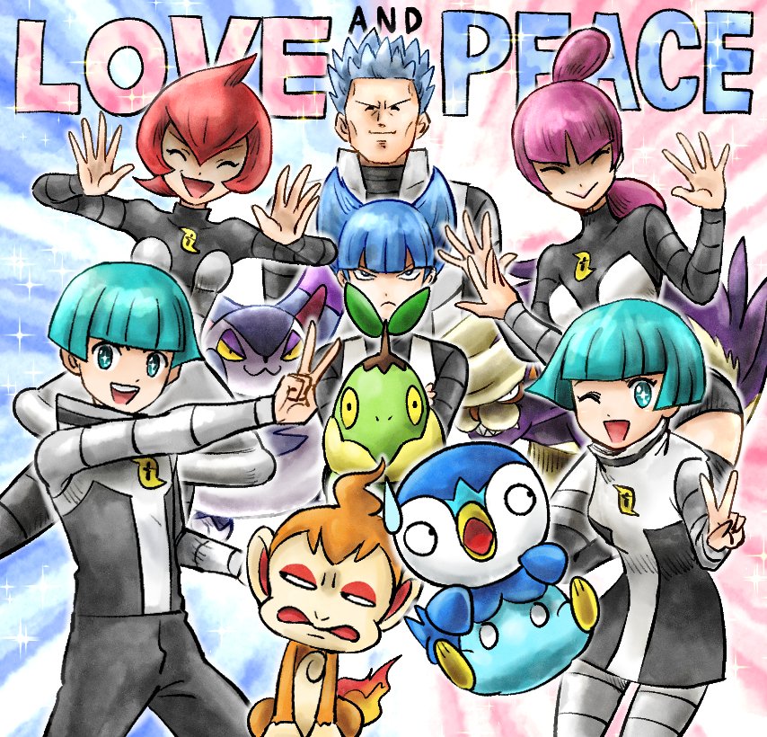 Safebooru - 3boys 3girls blue hair chimchar closed eyes cyrus (pokemon ...