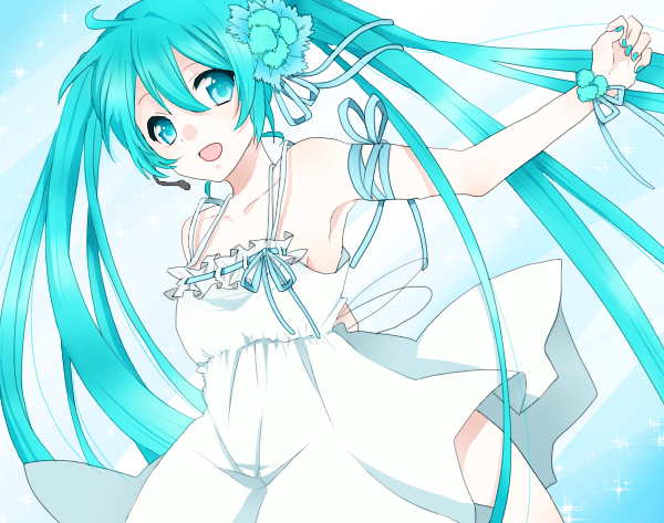 Safebooru - 1girl aqua eyes aqua hair dress hatsune miku long hair nail polish open mouth solo ...