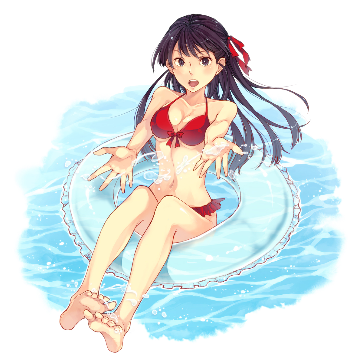Safebooru - 1girl barefoot bikini black eyes black hair breasts cleavage feet hair ribbon ...