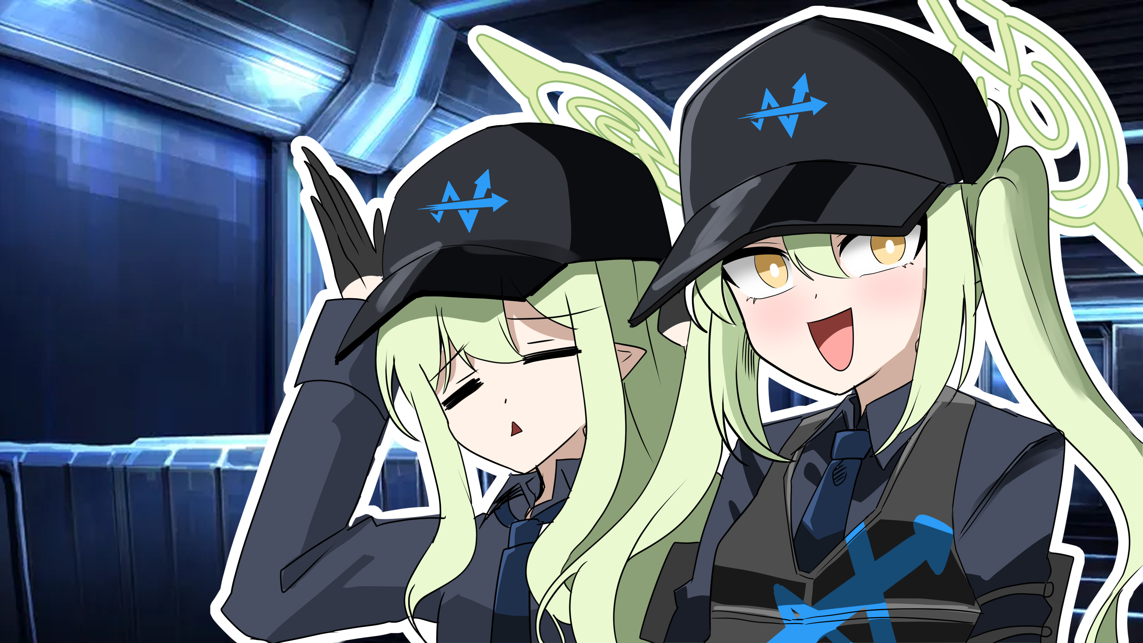 Safebooru - 2girls absurdres alternate costume baseball cap black gloves black hat black vest ...