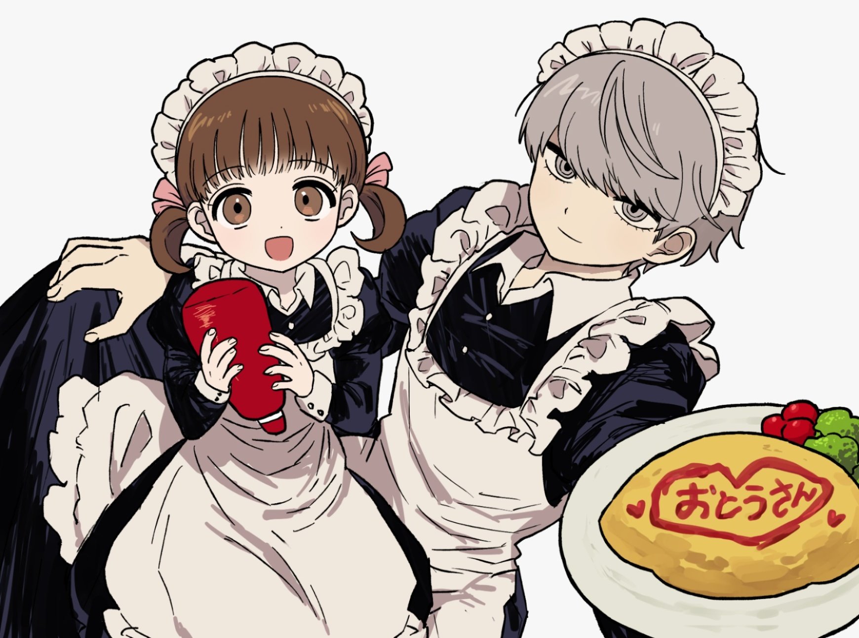 Safebooru - 1boy 1girl :d alternate costume apron black dress blunt bangs bottle broccoli brown ...