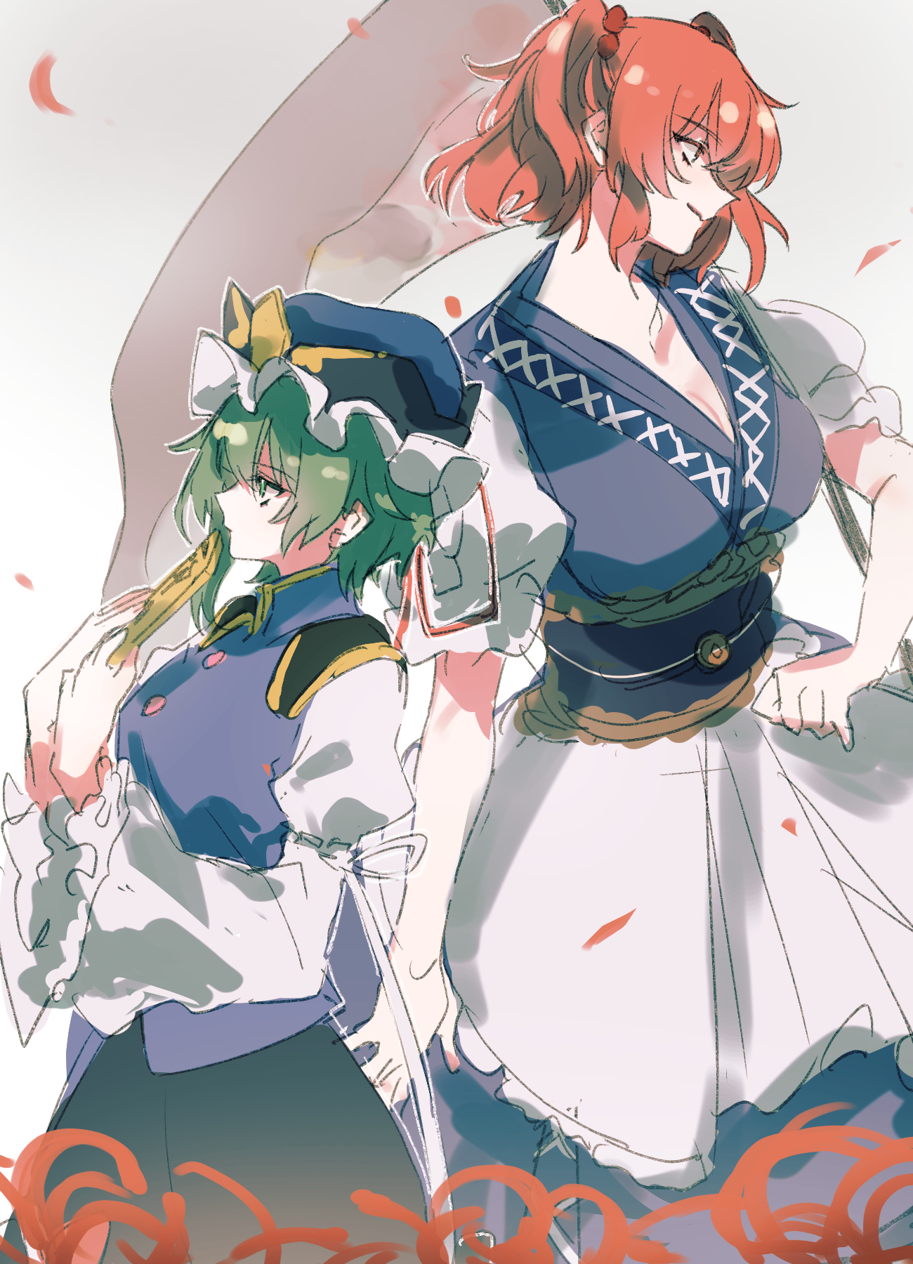 Safebooru - 2girls asymmetrical hair black skirt blue dress blue vest ...