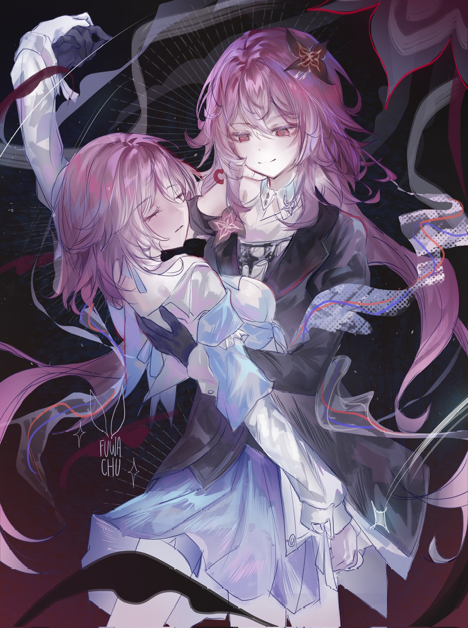 Safebooru - 2girls arm up artist name bare shoulders black background black dress black gloves ...