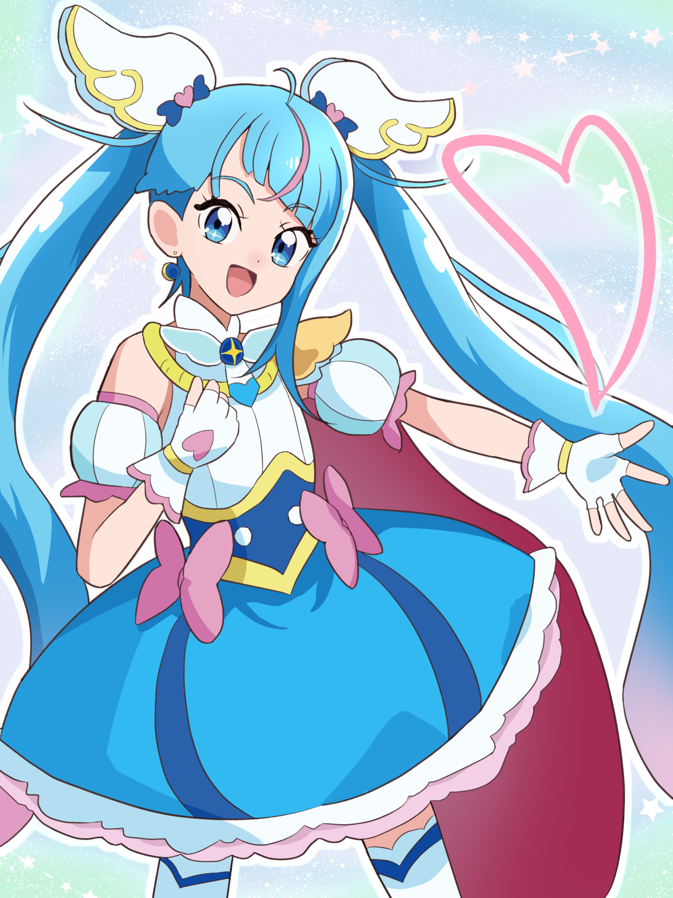 Safebooru - 1girl :d ahoge asymmetrical bangs bare shoulders blue background blue dress blue ...