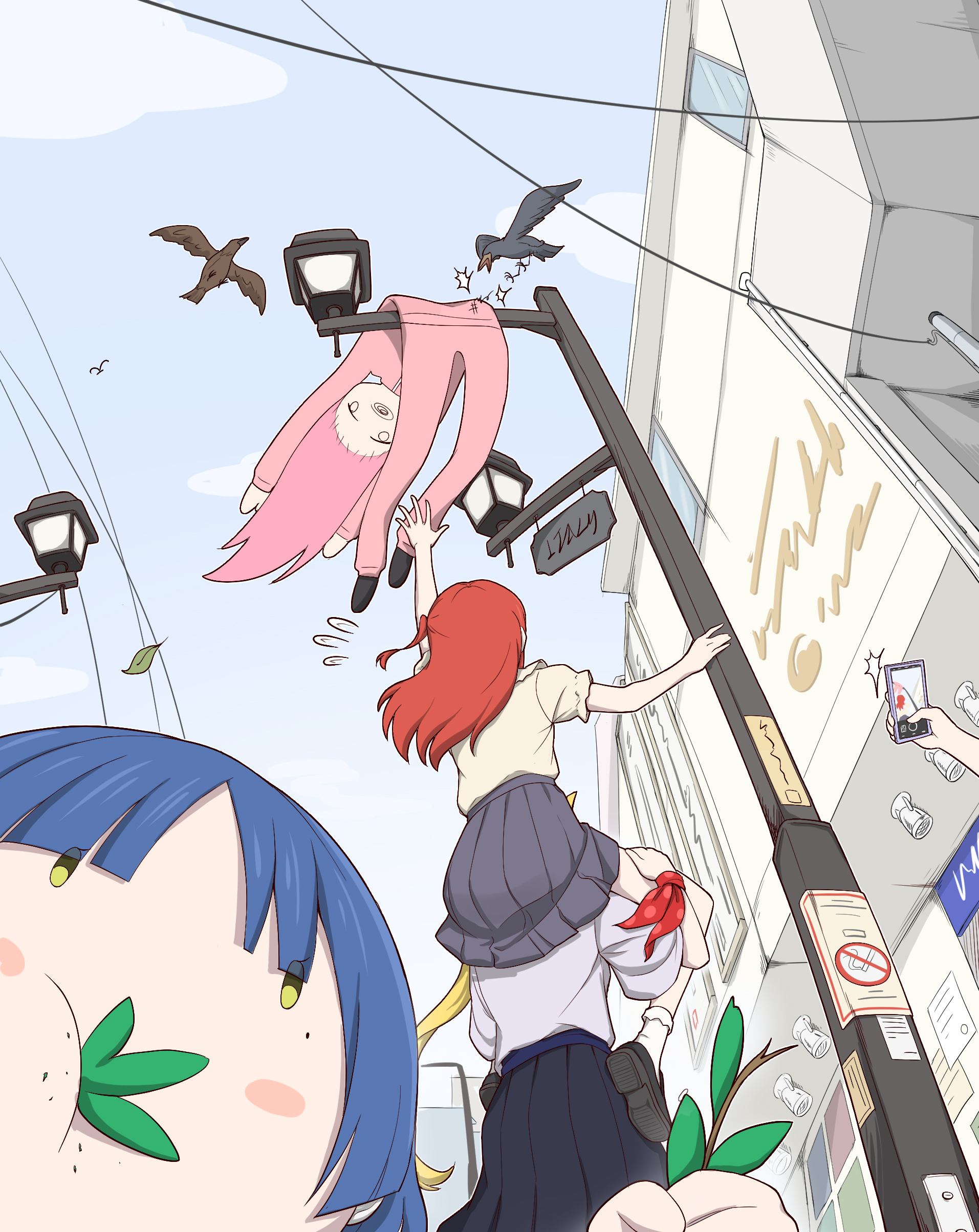 Safebooru - 1other 4girls ^^^ absurdres anglediana bird black shoes black skirt blue sky bocchi ...