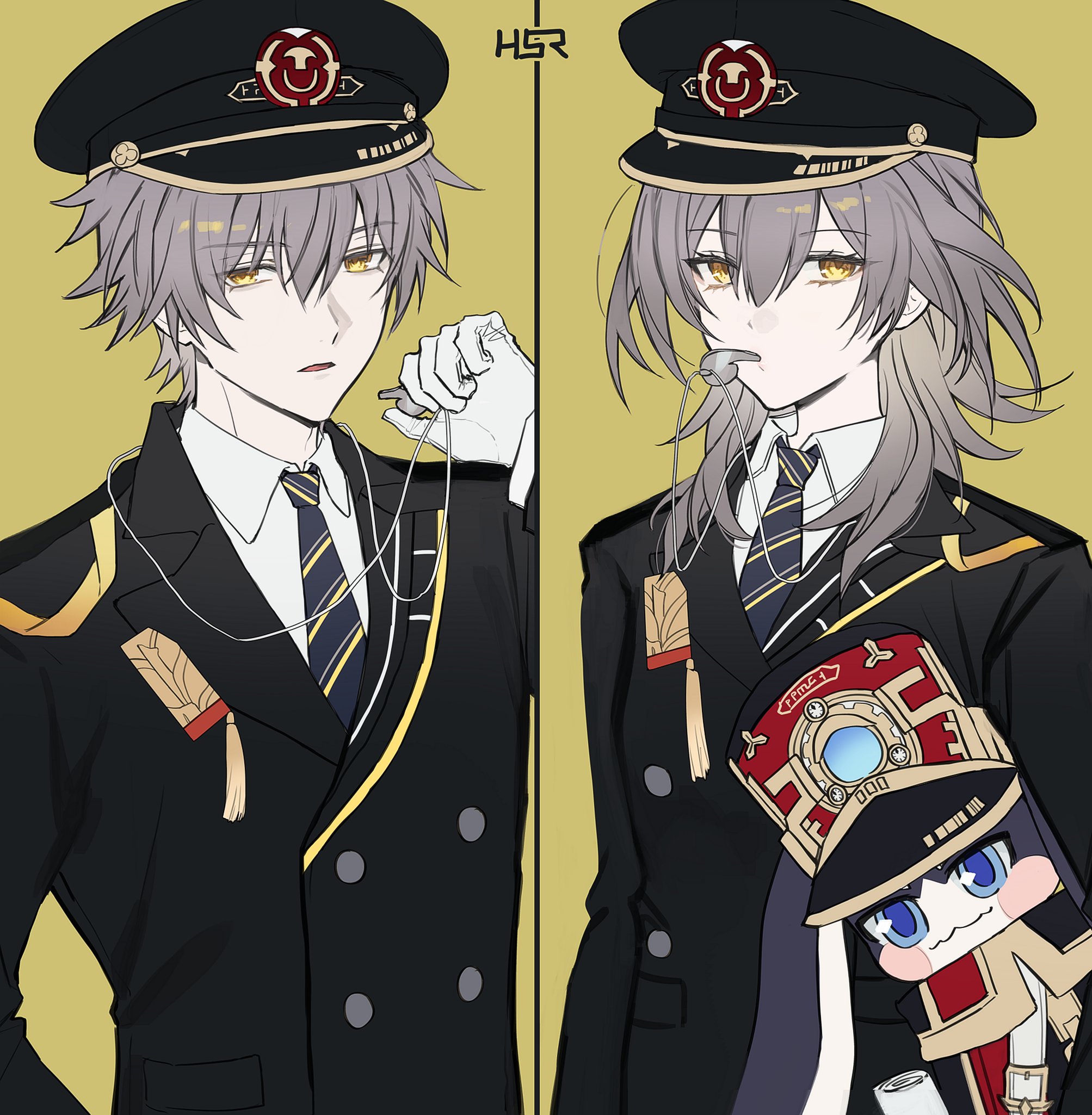 Safebooru - 1boy 1girl alternate costume black border black hat black jacket black necktie ...