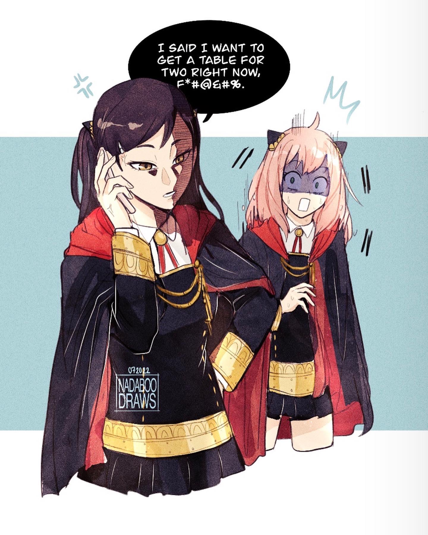 Safebooru - 2girls aged up anger vein anya (spy x family) becky blackbell black cape black hair ...
