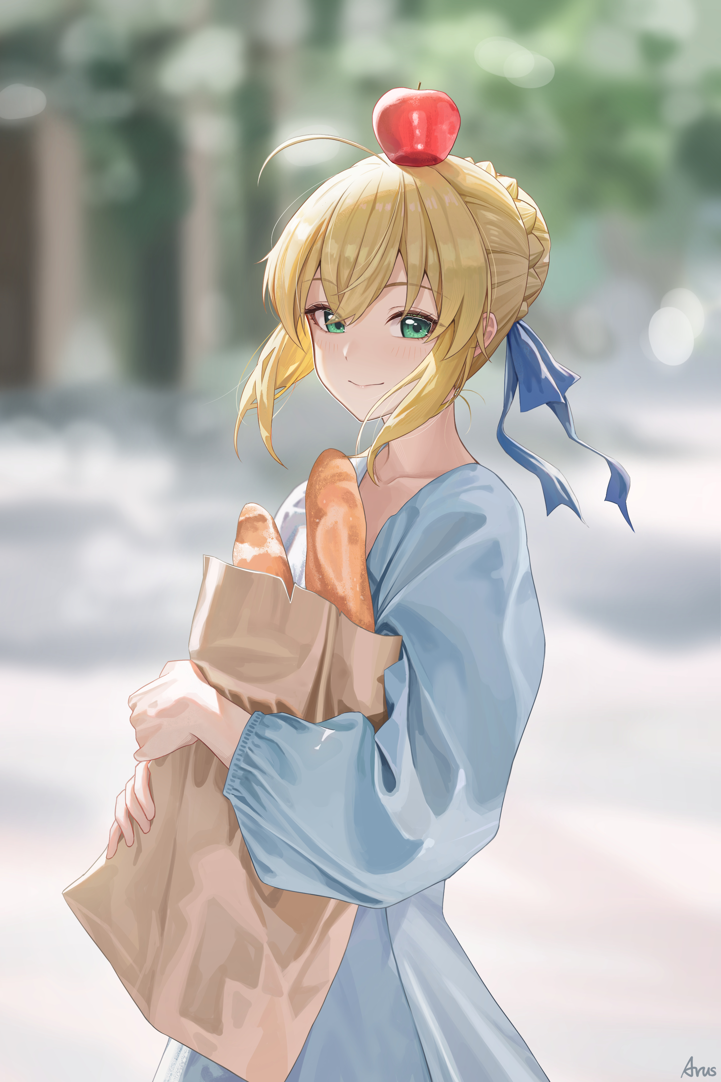 Safebooru - 1girl absurdres ahoge apple on head artoria pendragon (fate) arus bag baguette ...