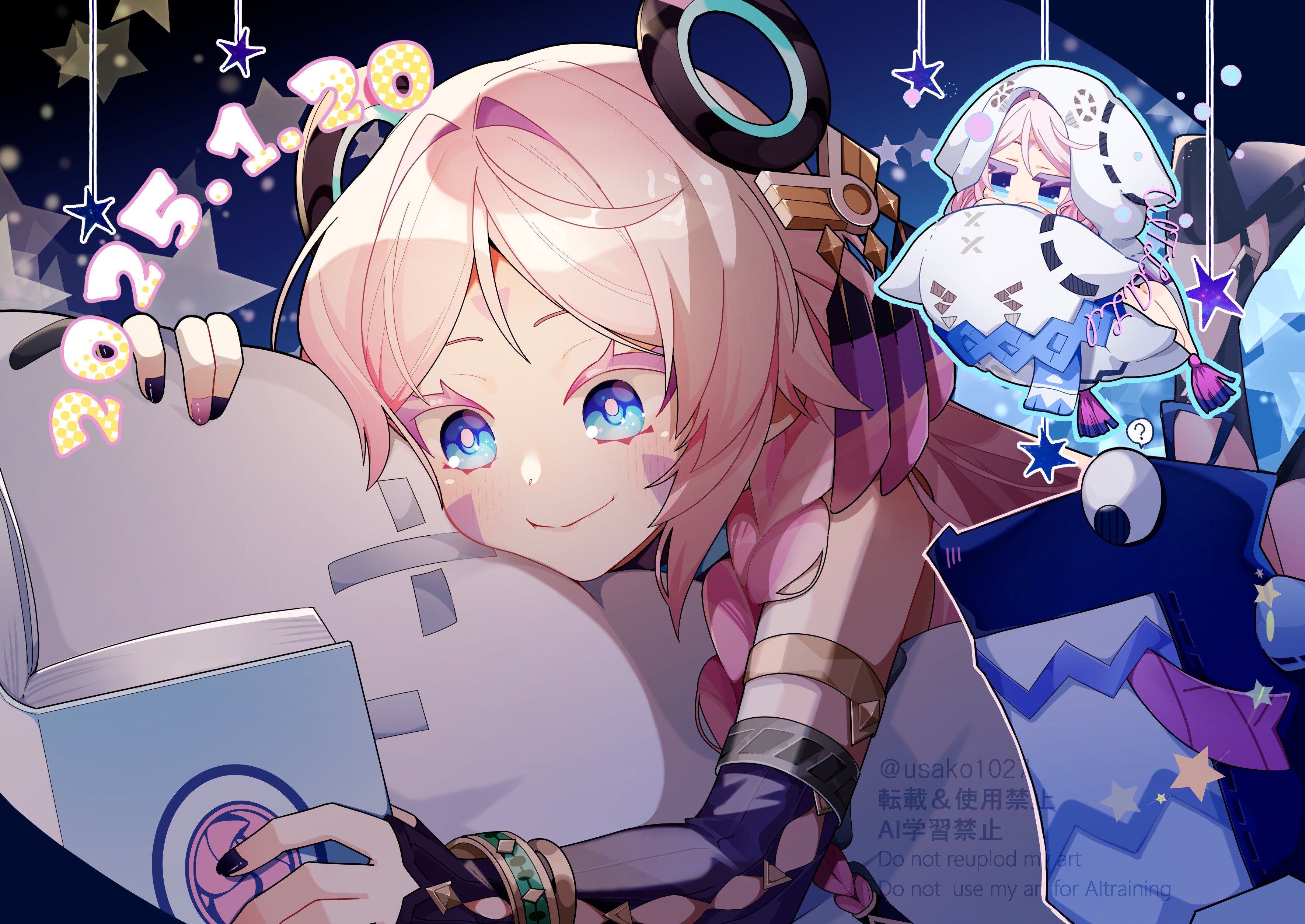 Safebooru - 1girl ? absurdres black nails blue eyes book bracelet braid ...